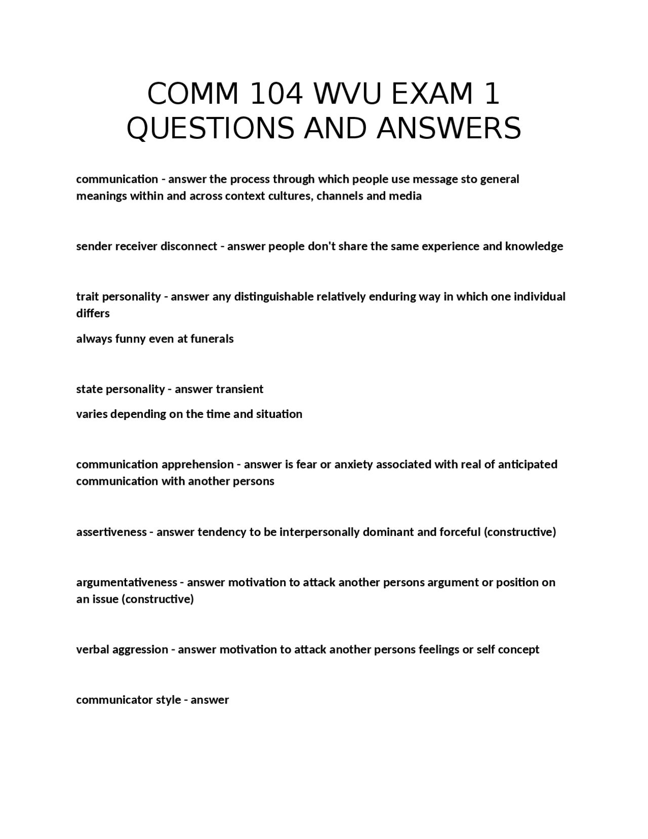 COMM 104 WVU EXAM 1 QUESTIONS AND ANSWERS | Exams Nursing | Docsity
