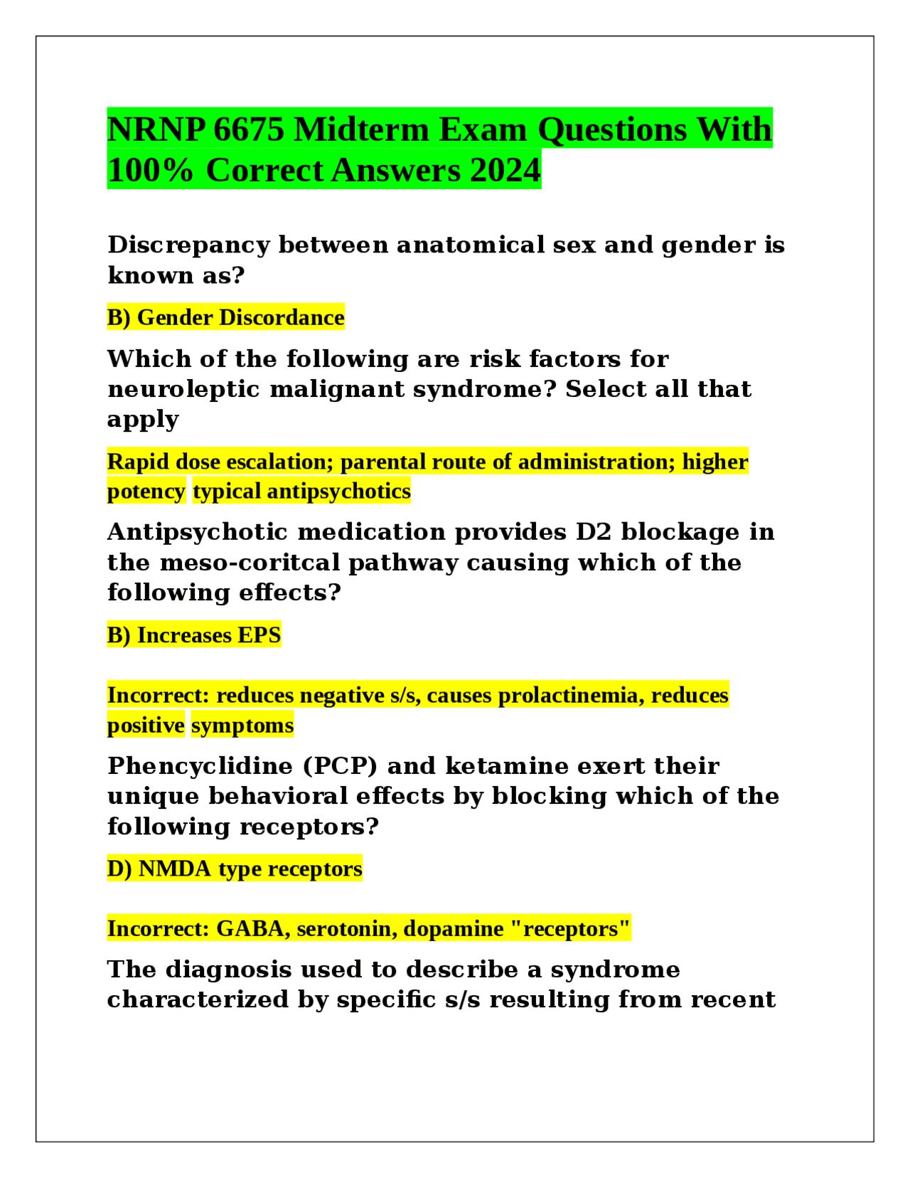 NRNP 6675 Midterm Exam Questions With 100% Correct Answers 2024 | Exams Advanced Education | Docsity