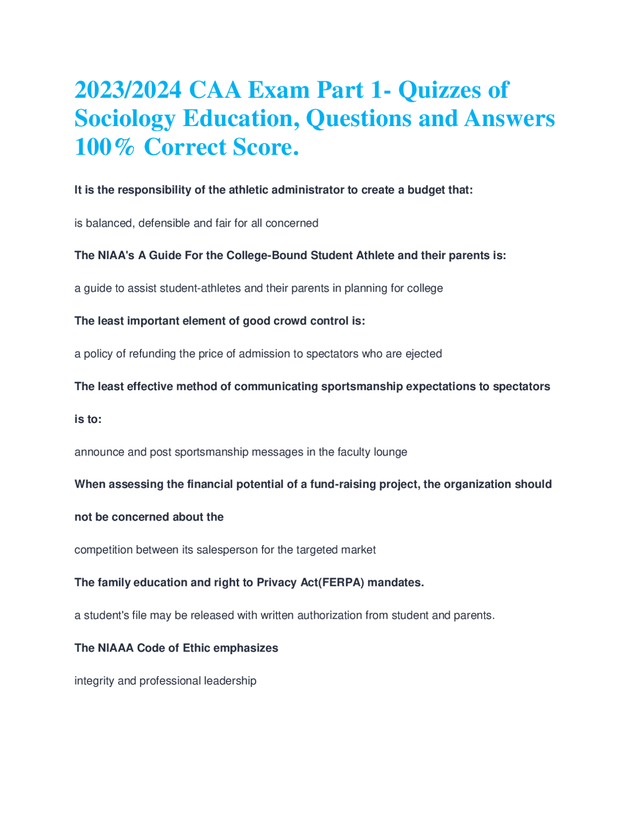 2023/2024 CAA Exam Part 1- Quizzes of Sociology Education | Exams ...