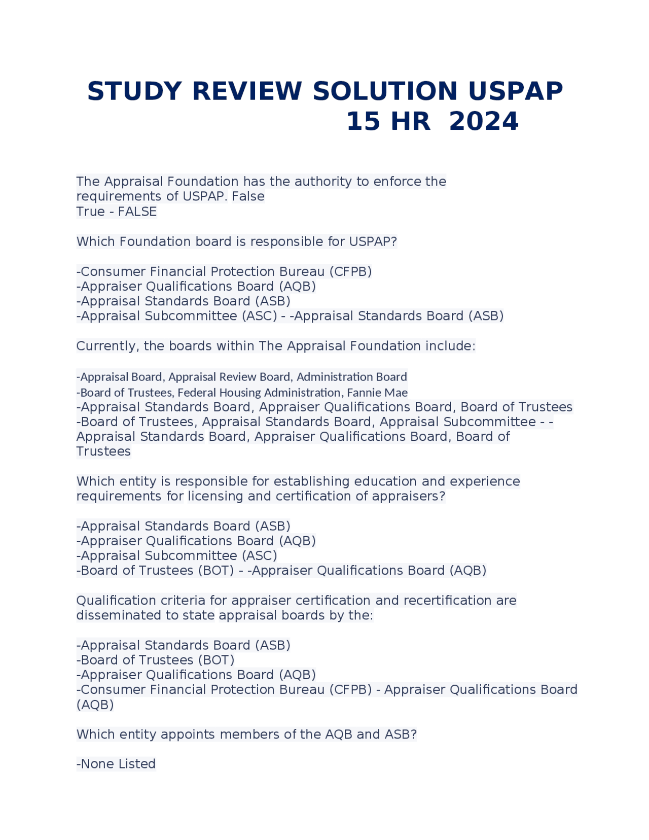 STUDY REVIEW SOLUTION USPAP 15 HR 2024 | Exams Business Administration ...