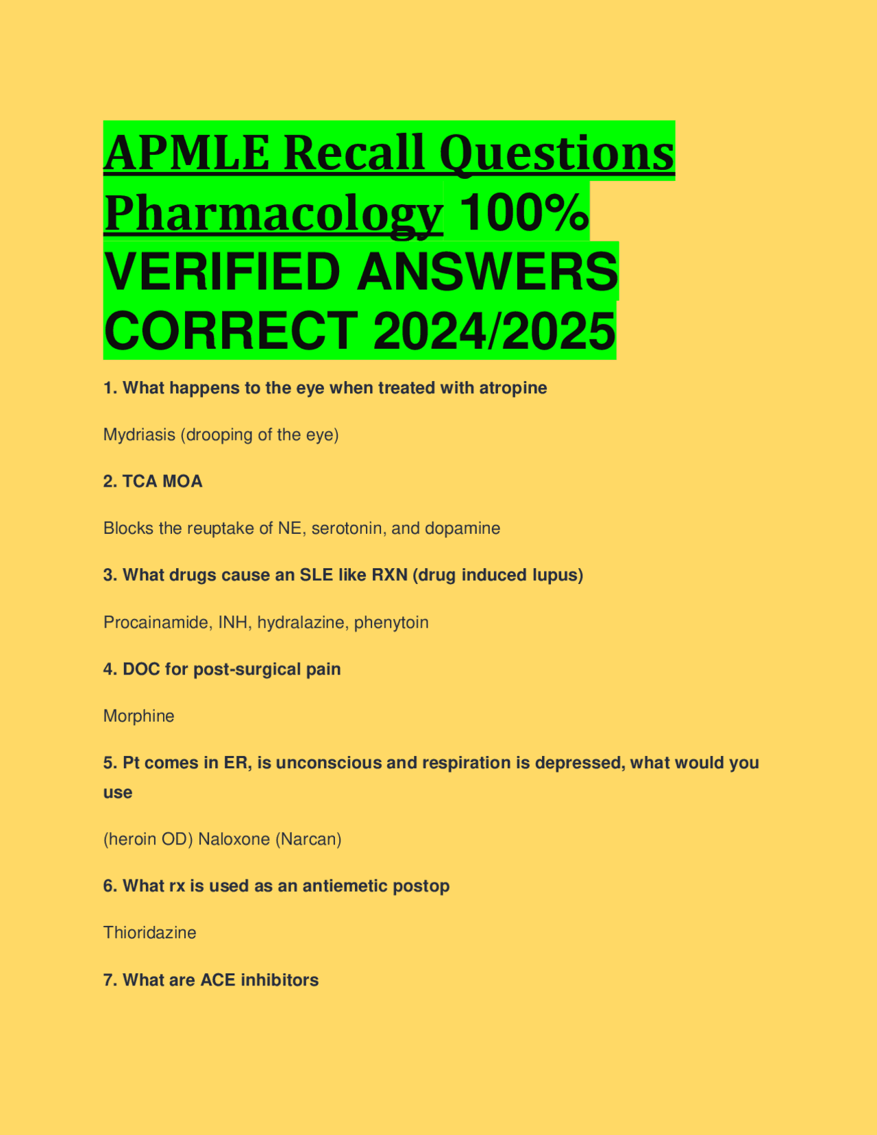 APMLE Recall Questions Pharmacology 100% VERIFIED ANSWERS CORRECT 2024/ ...
