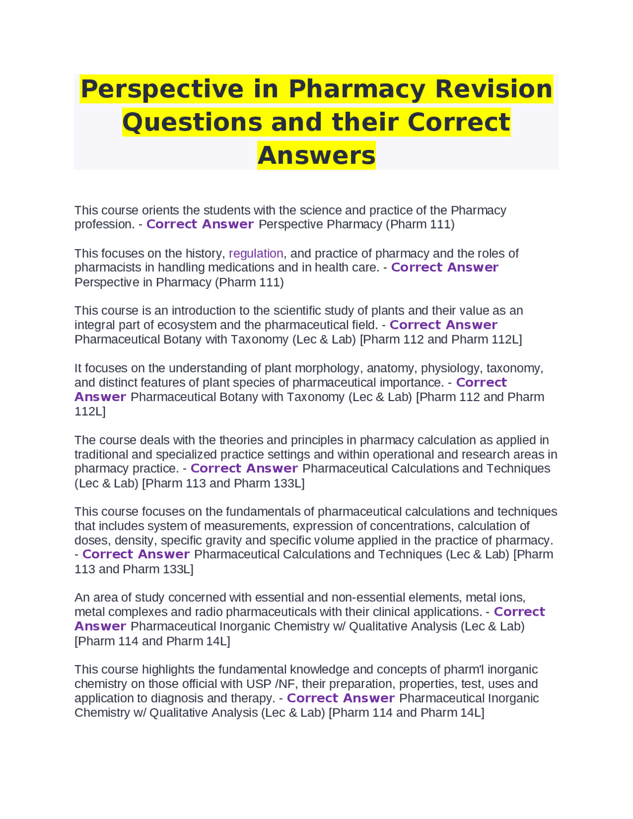 Perspective in Pharmacy Revision Questions and their Correct Answers ...