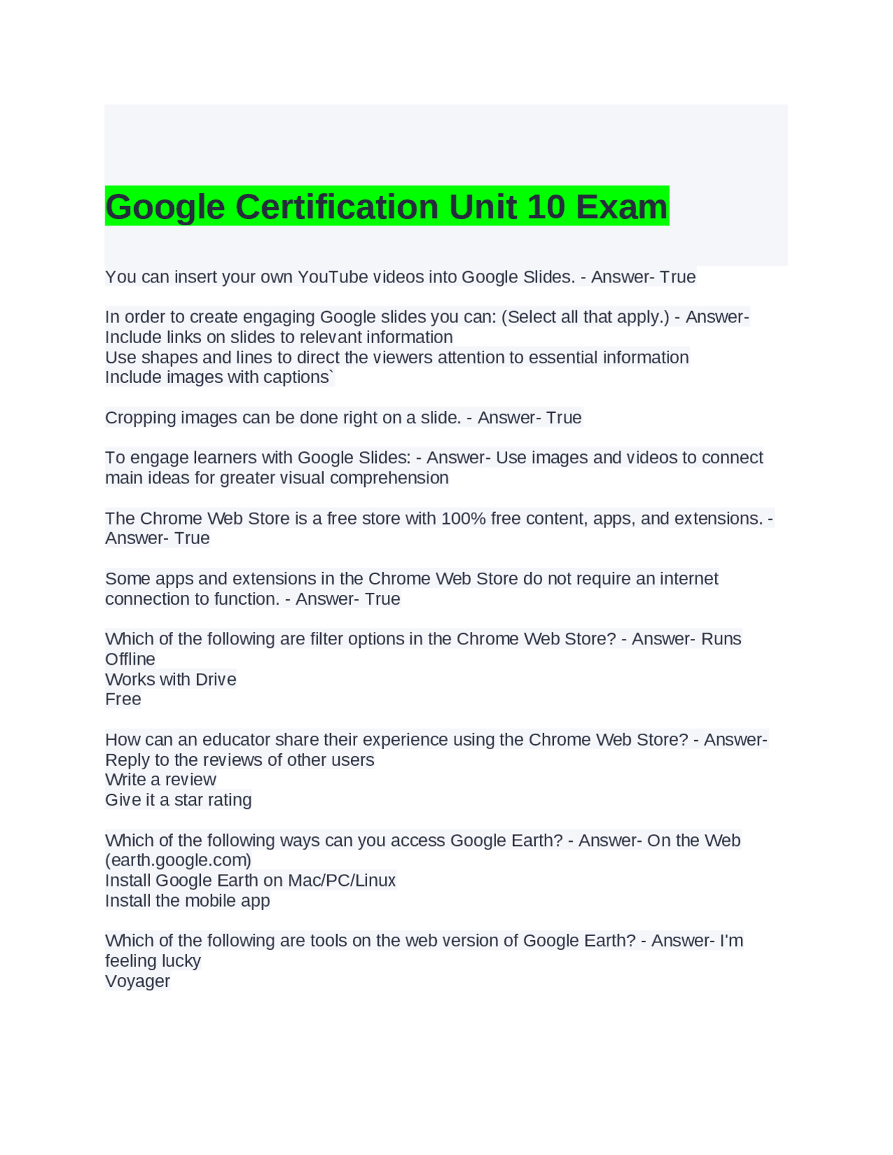 Google Certification Unit 10 Exam Questions and Answers - Graded A ...