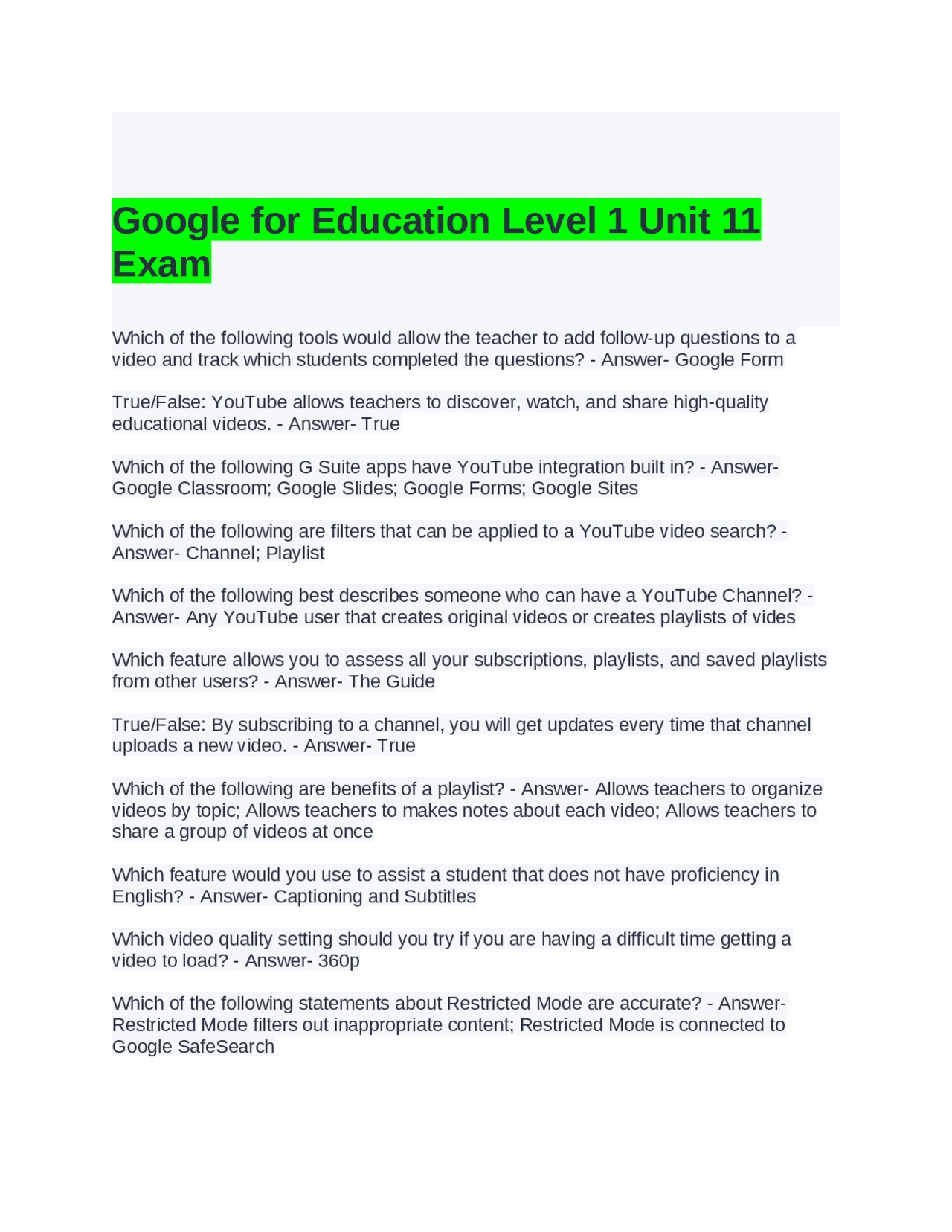 Google for Education Level 1 Unit 11 Exam with correct Answers | Exams ...