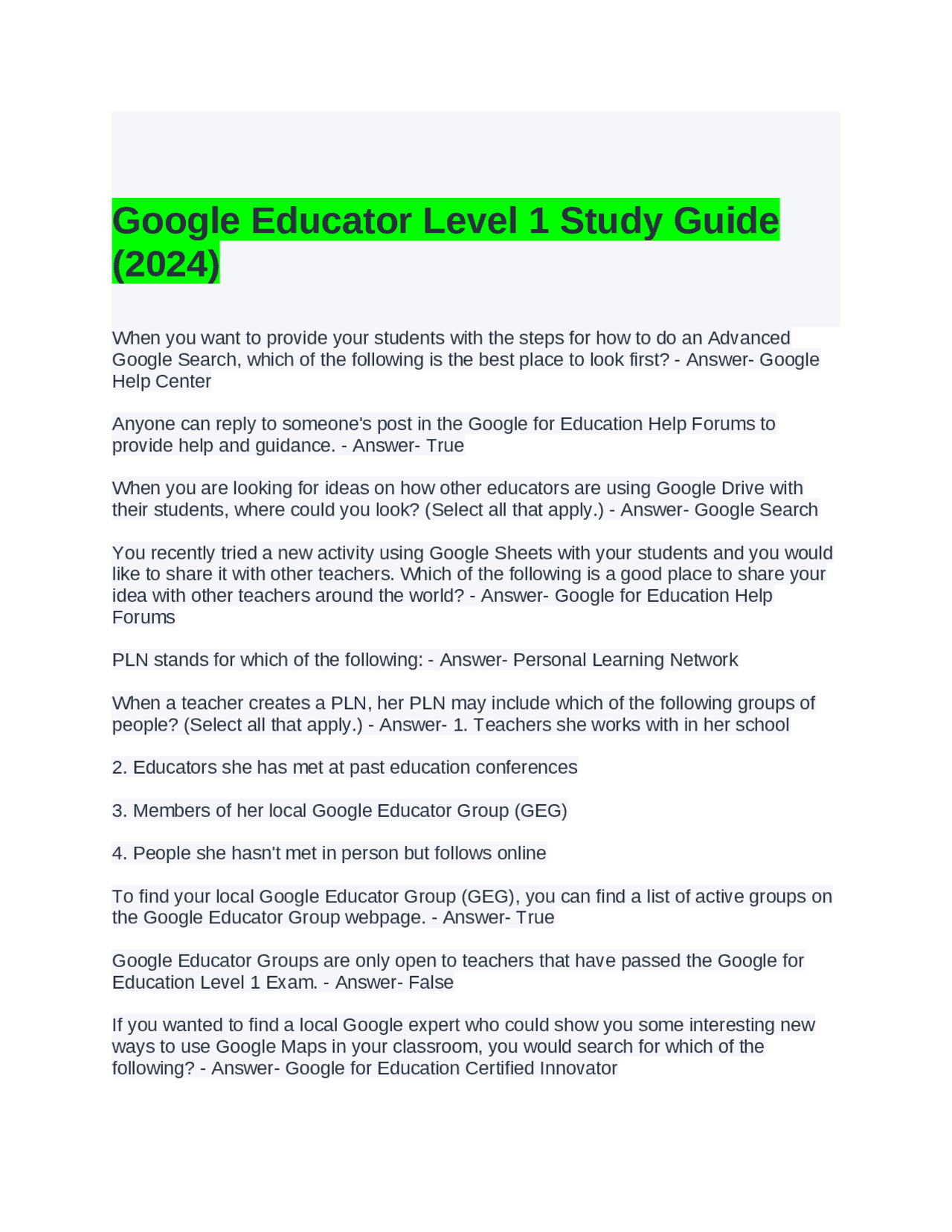 Google Educator Level 1 Study Guide (2024) | Exams Advanced Education | Docsity