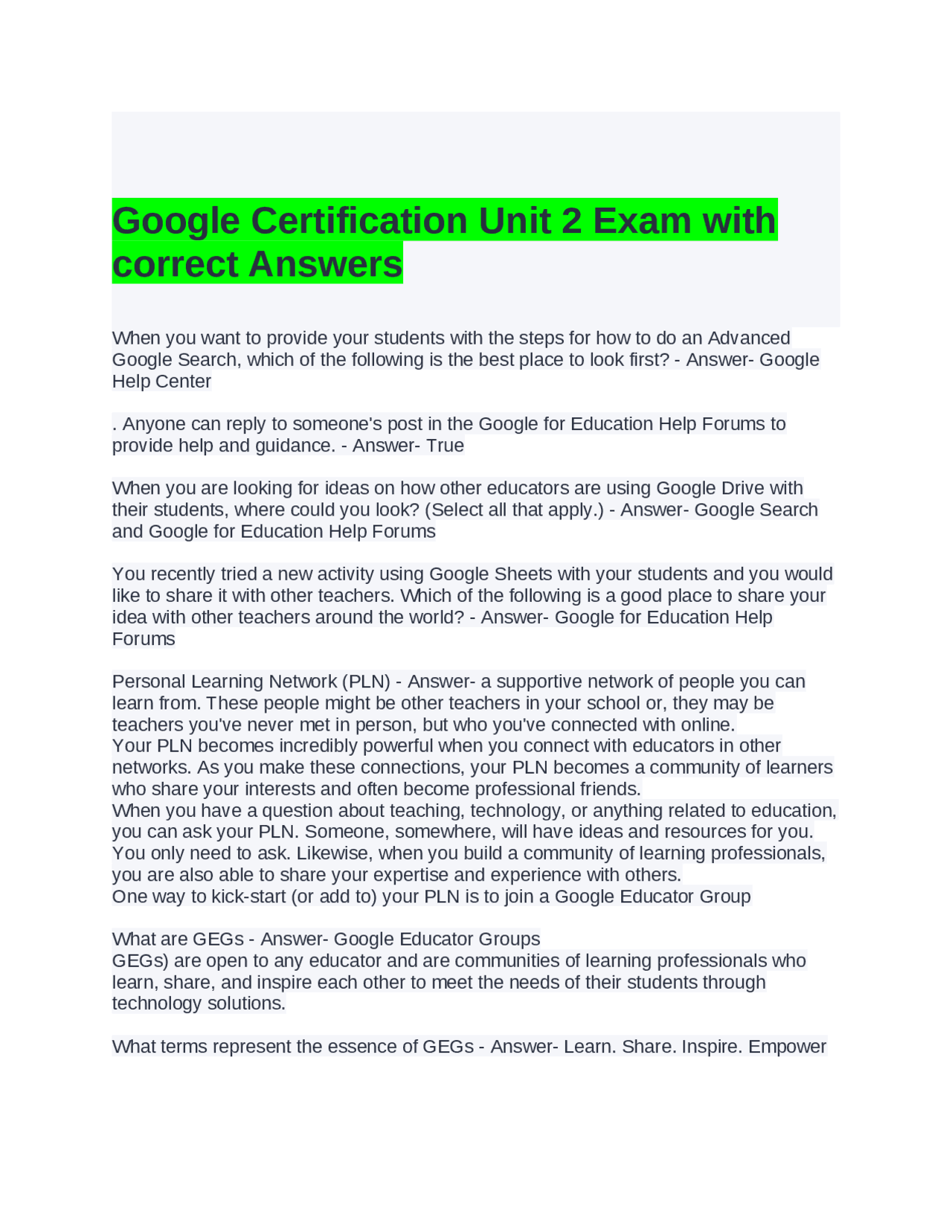 Google Certification Unit 2 Exam with correct Answers | Exams Advanced ...