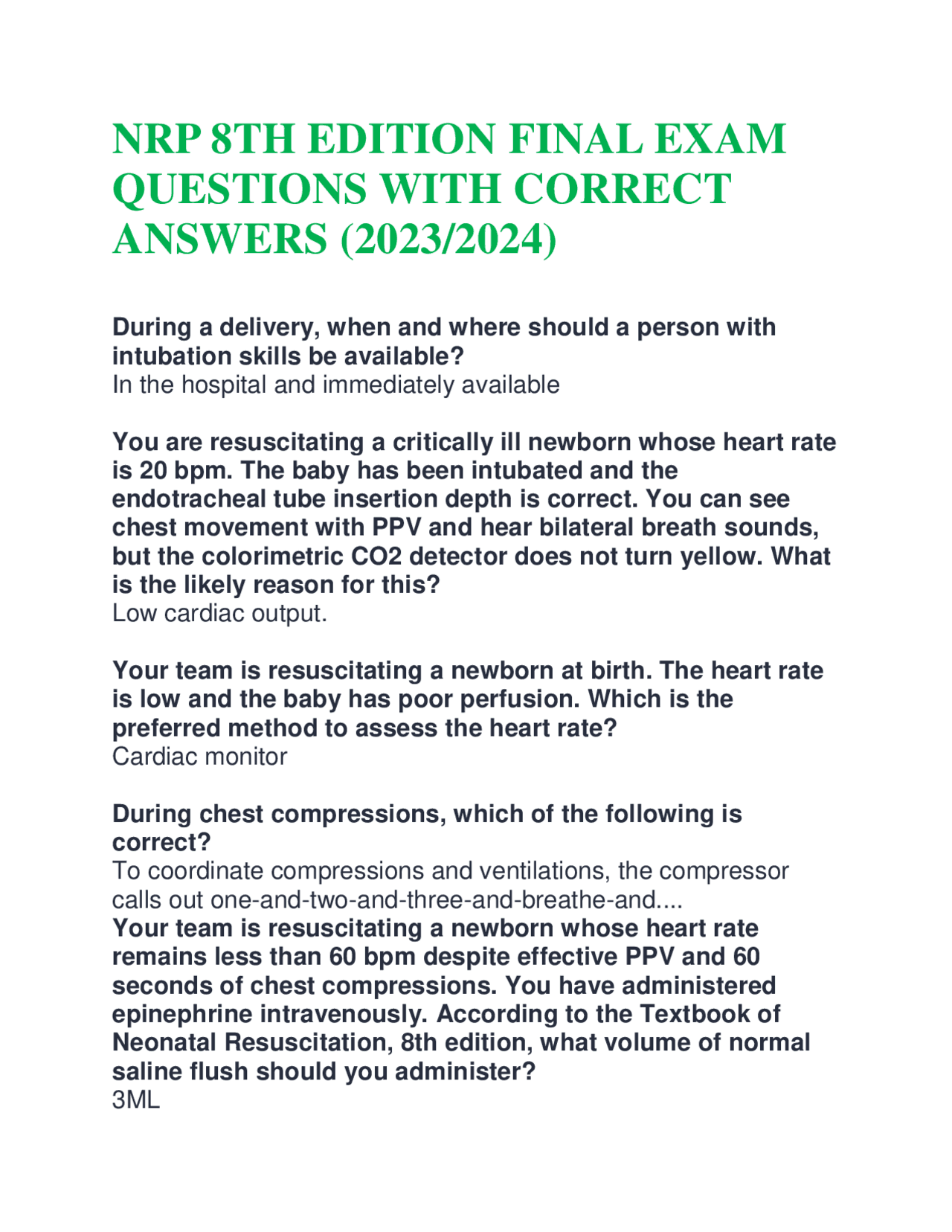 NRP 8TH EDITION FINAL EXAM | Exams Nursing | Docsity