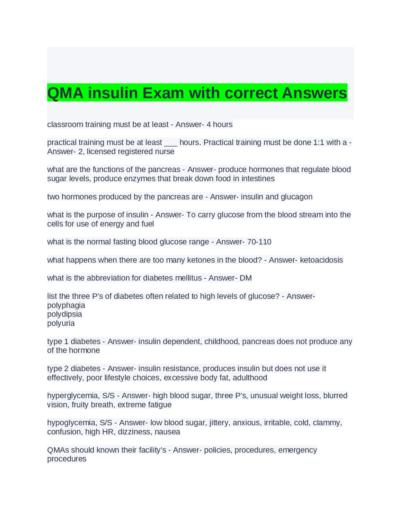 QMA insulin Exam with correct Answers | Exams Advanced Education | Docsity