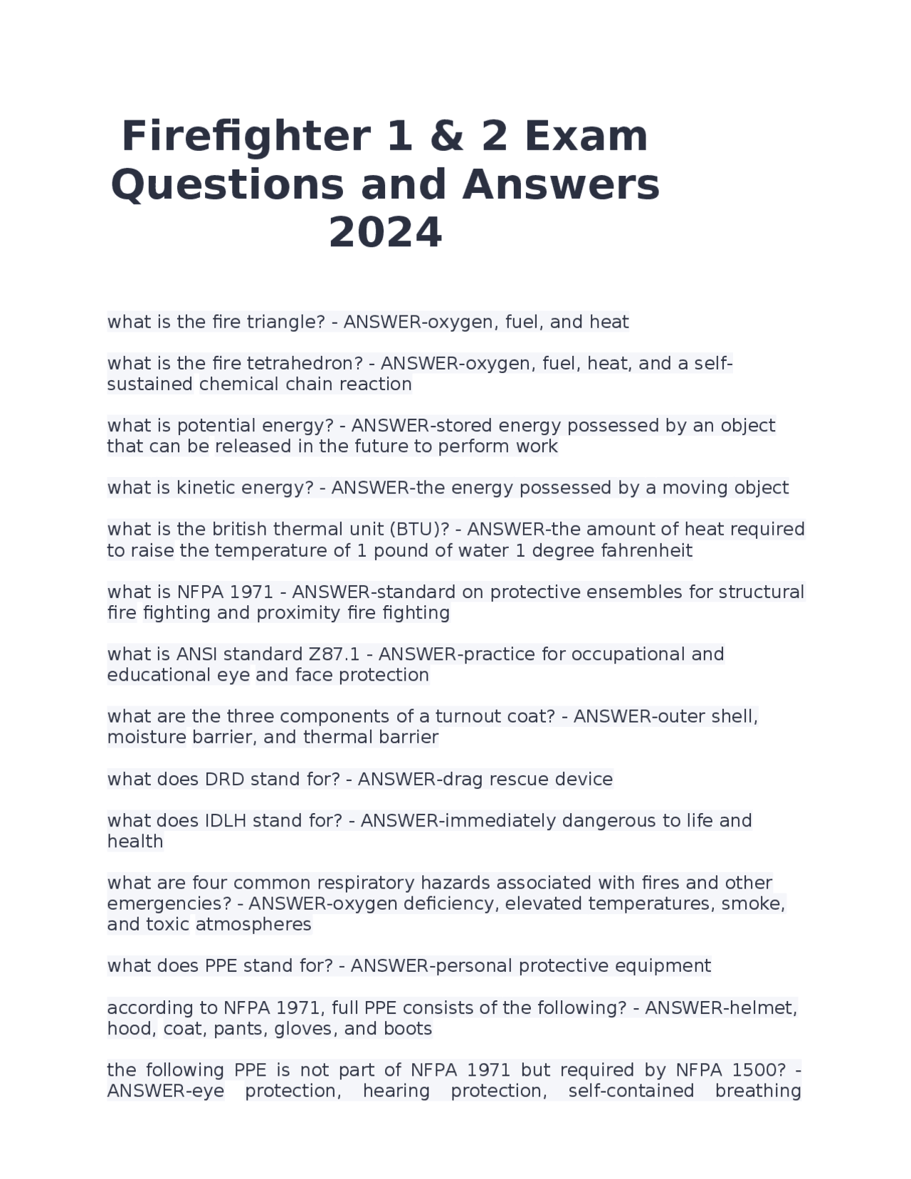 Firefighter 1 & 2 Exam Questions and Answers 2024 | Exams Physics | Docsity