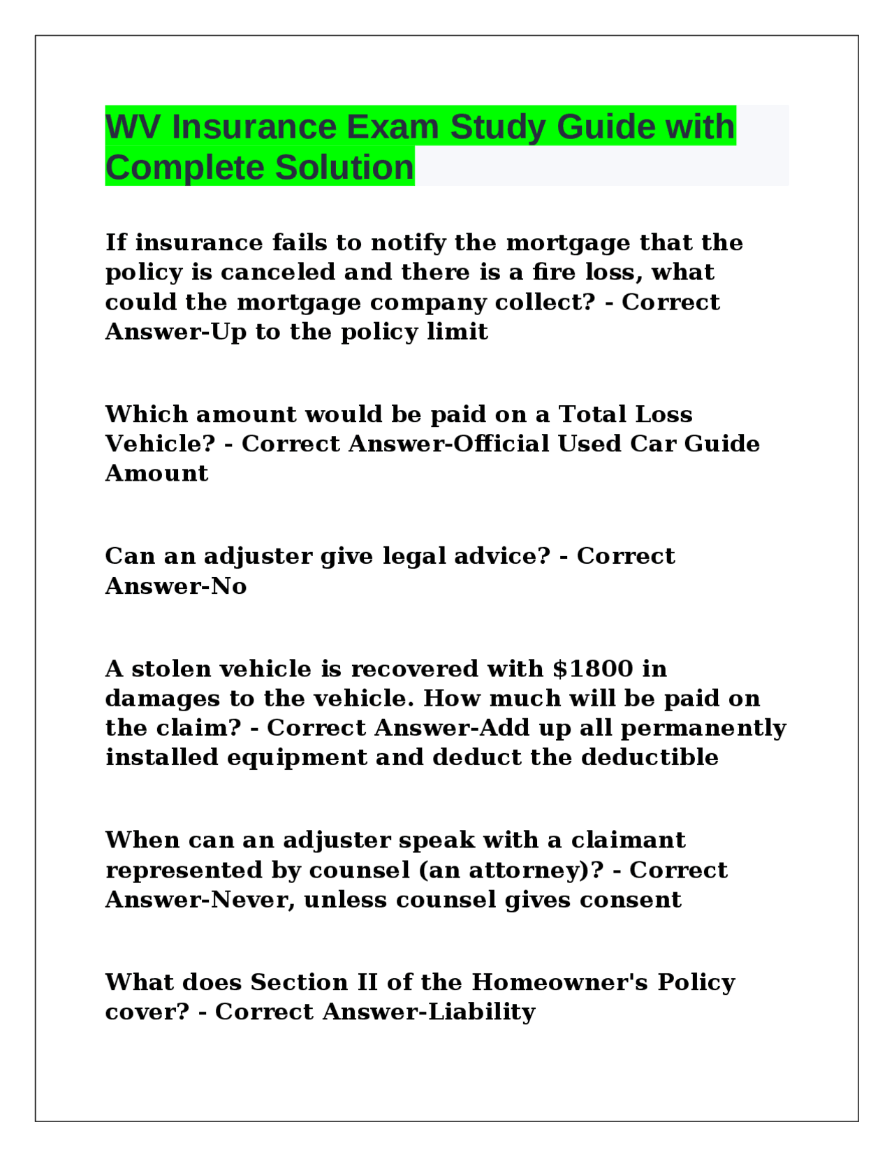 WV Insurance Exam Study Guide with Complete Solution | Exams Advanced ...
