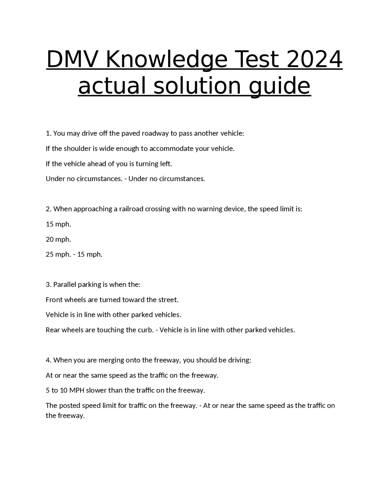 DMV Knowledge Test 2024 actual solution guide | Exams Nursing | Docsity