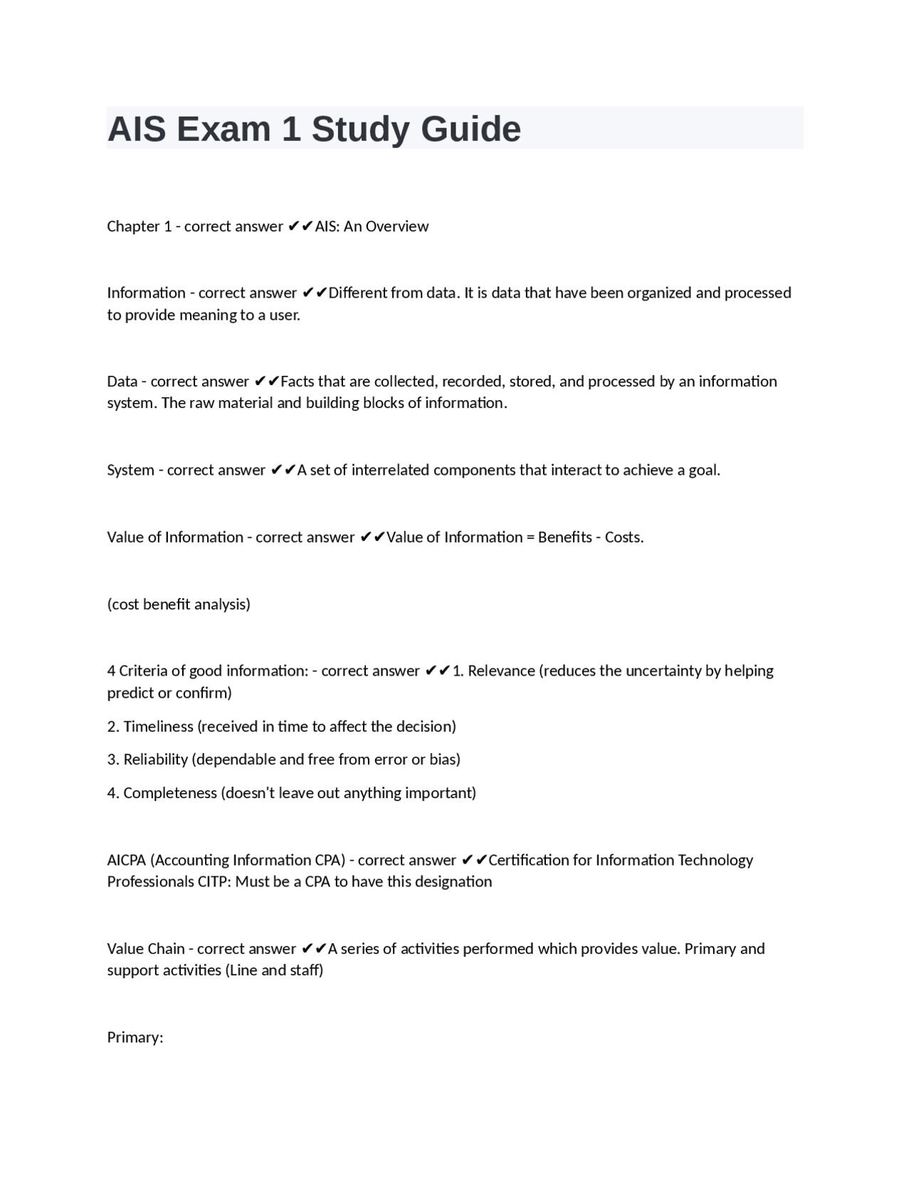 AIS Exam 1 Study Guide with complete solutions graded A+ | Exams ...