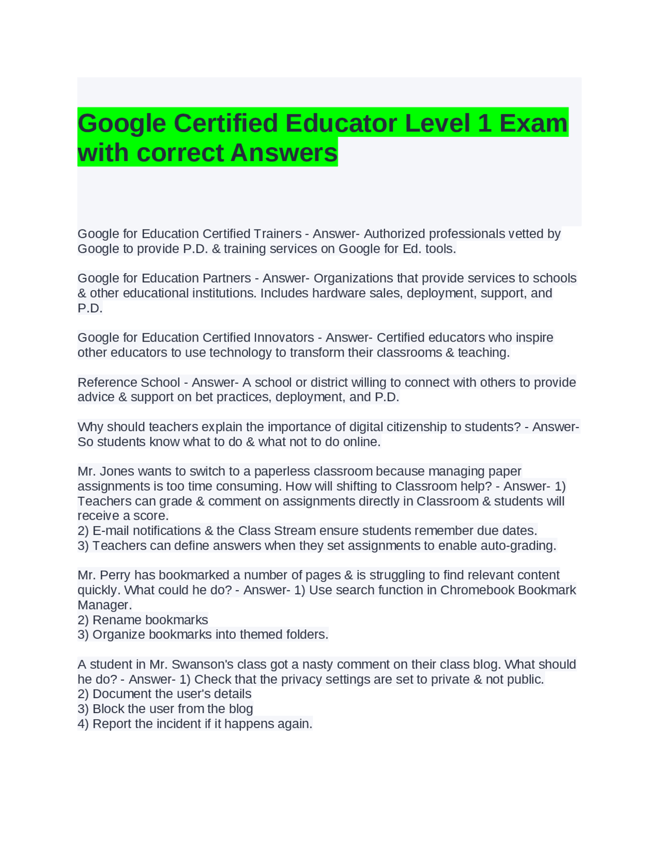Google Certified Educator Level 1 Exam with correct Answers | Exams Advanced Education | Docsity
