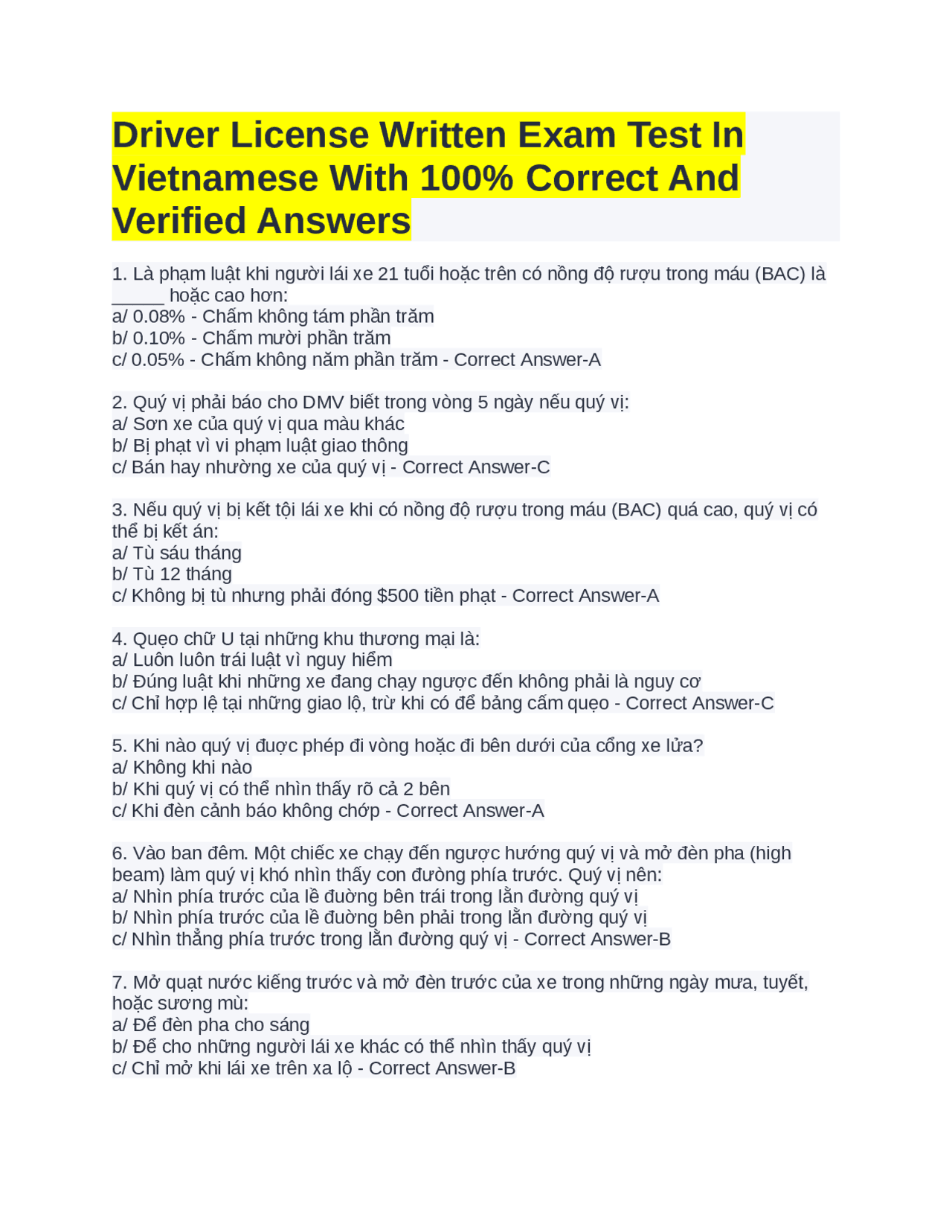 Driver License Written Exam Test In Vietnamese With 100% Correct And ...