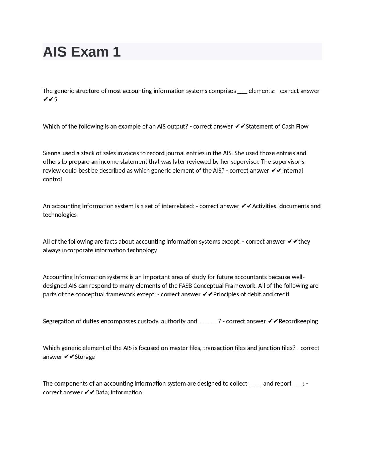 AIS Exam 1 questions with verified answers rated A+ | Exams Nursing ...