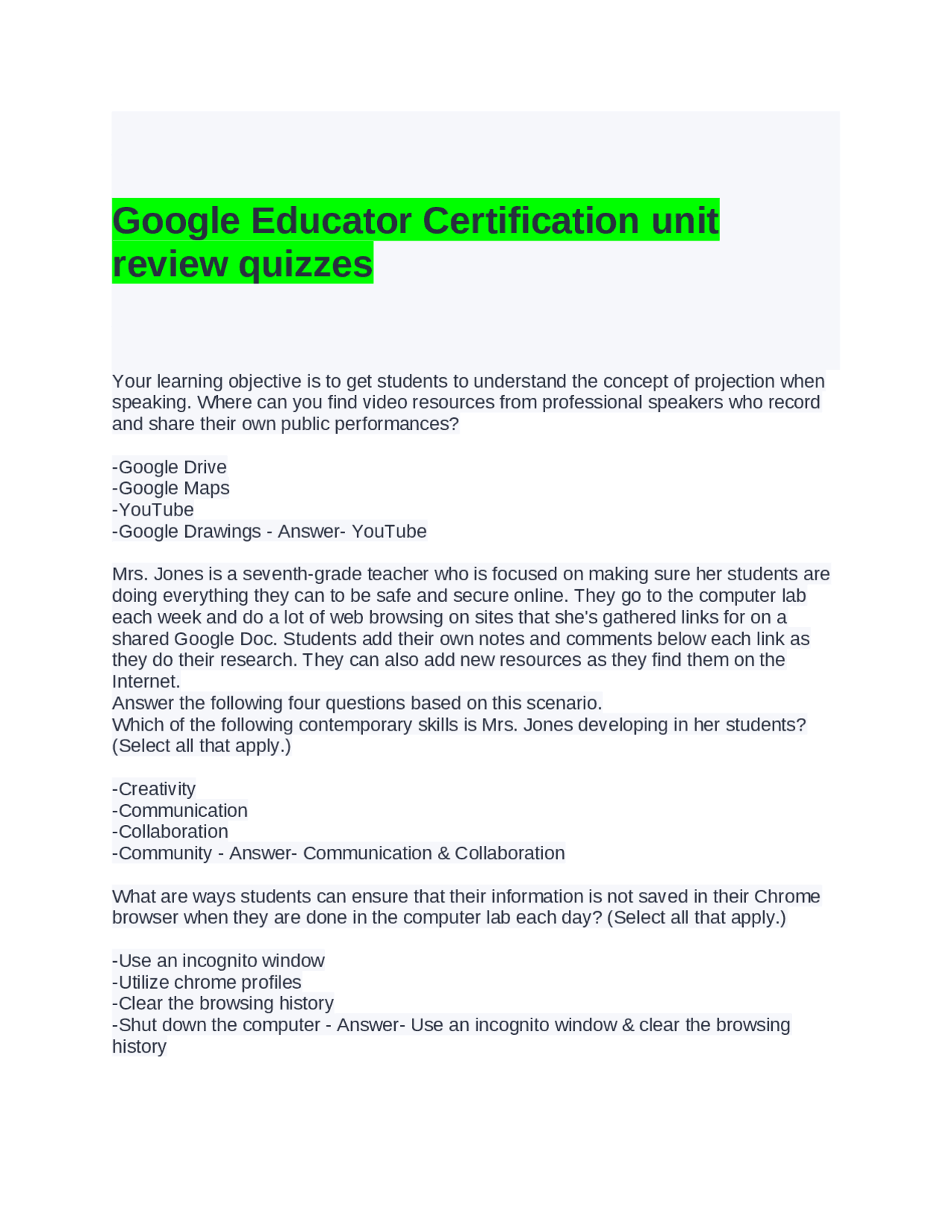 Google Educator Certification unit review quizzes-solved | Exams ...