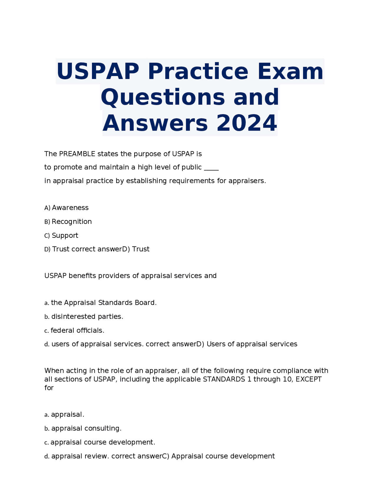 USPAP Practice Exam Questions and Answers 2024 | Exams Business ...