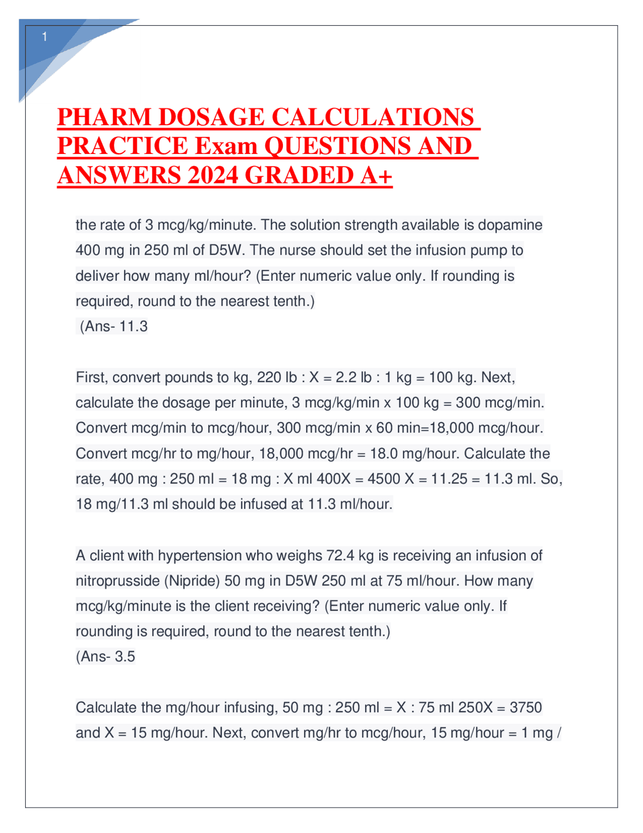 PHARM DOSAGE CALCULATIONS PRACTICE Exam QUESTIONS AND ANSWERS 2024 ...