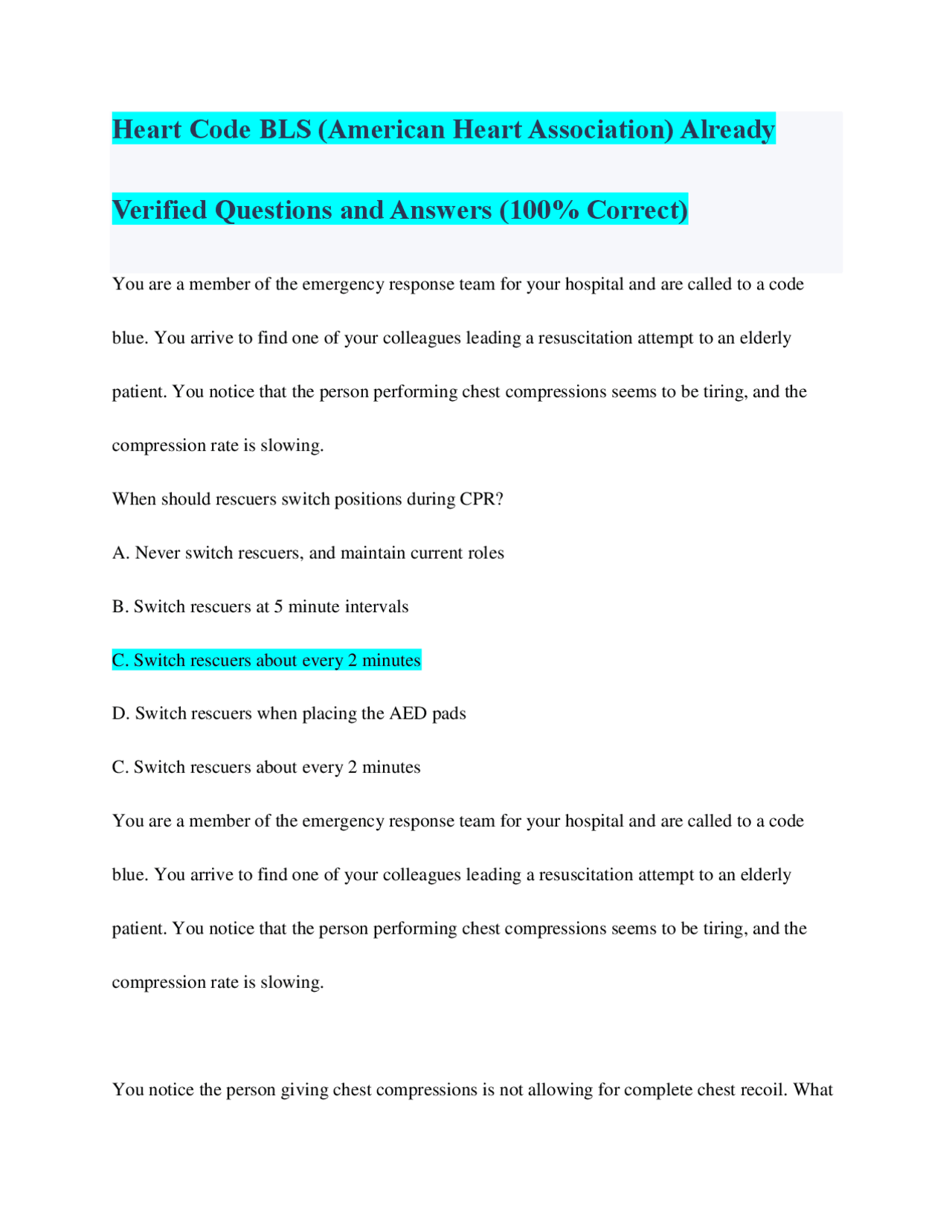 Heart Code BLS (American Heart Association) Already Verified Questions ...