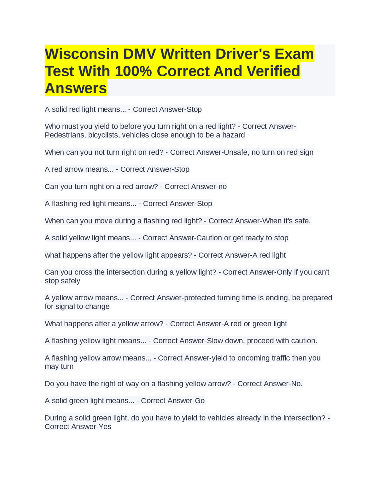 Wisconsin DMV Written Driver's Exam Test With 100% Correct And Verified ...