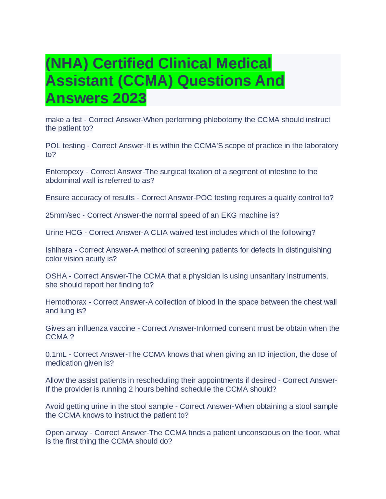 (NHA) Certified Clinical Medical Assistant (CCMA) Questions And Answers ...