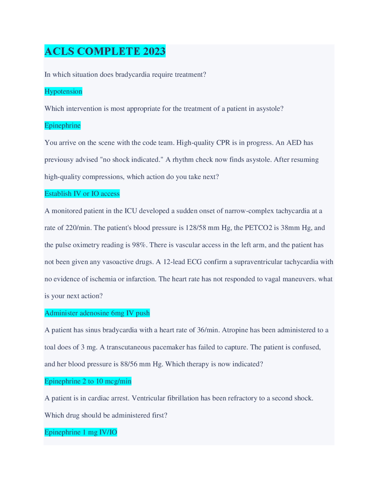 ACLS COMPLETE Questions and Answers 2023 | Exams Nursing | Docsity