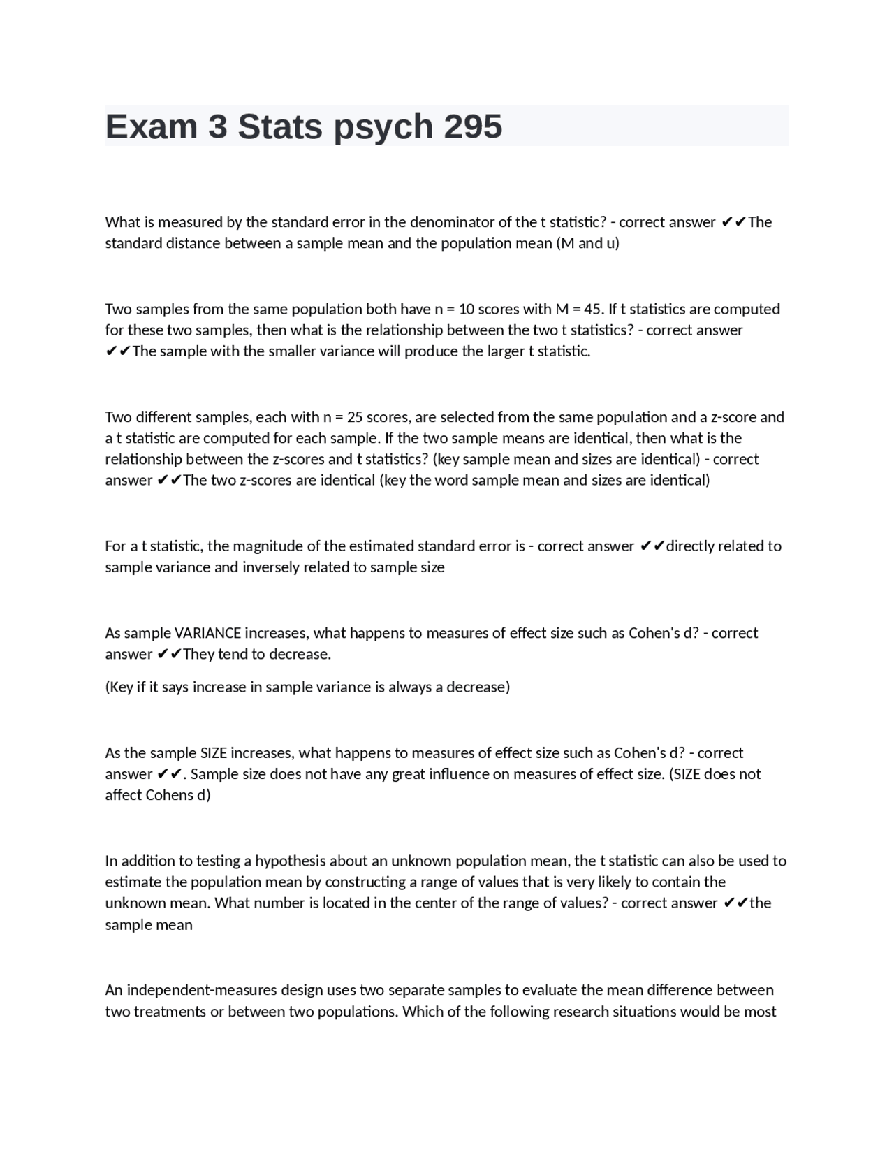 Exam 3 Stats psych 295 with correct answers latest updated | Exams ...