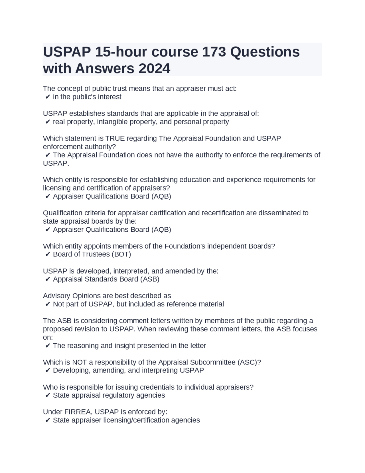 USPAP 15-hour course 173 Questions with Answers 2024 | Exams Law | Docsity