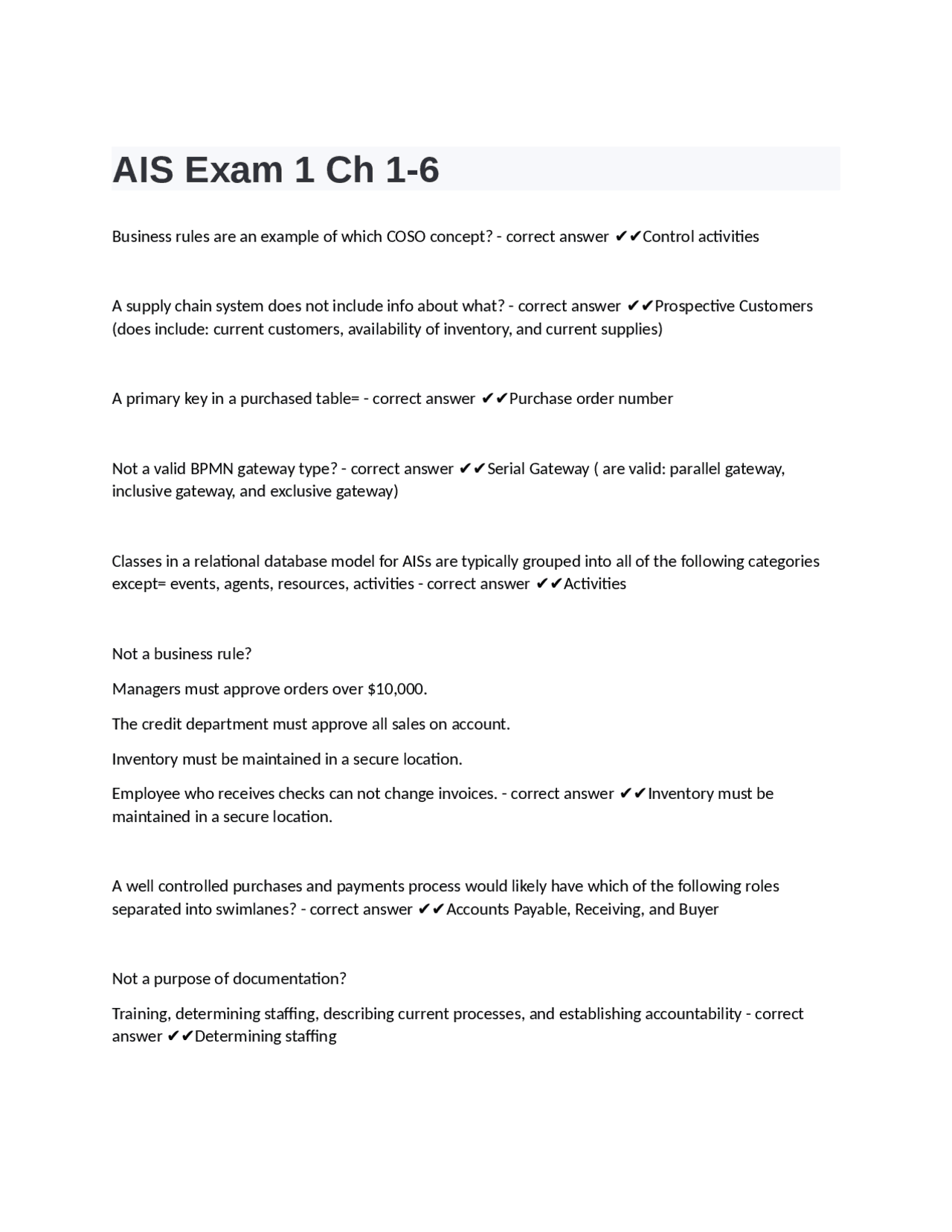 AIS Exam 1 Ch 1-6 with complete solutions | Exams Nursing | Docsity