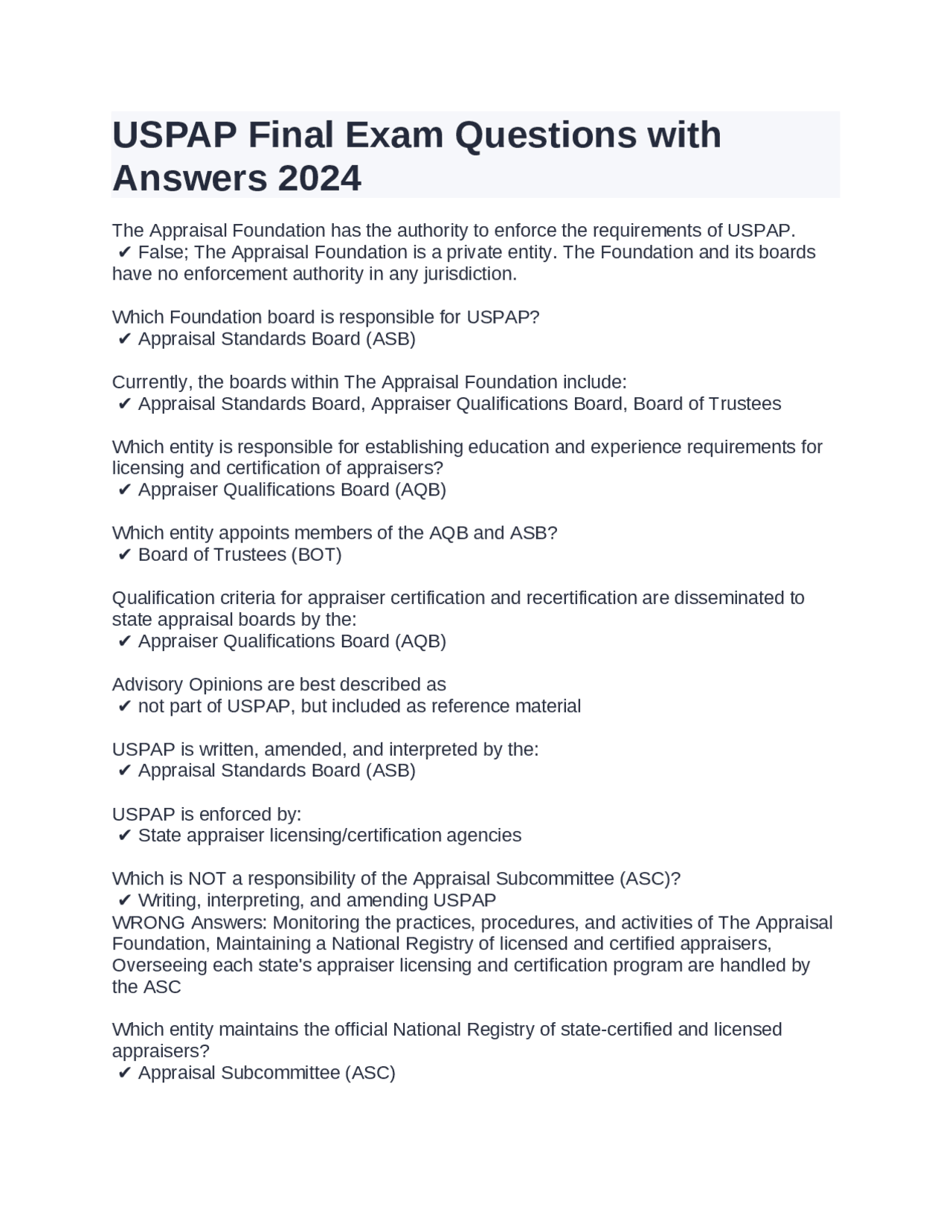 USPAP Final Exam Questions with Answers 2024 | Exams Law | Docsity