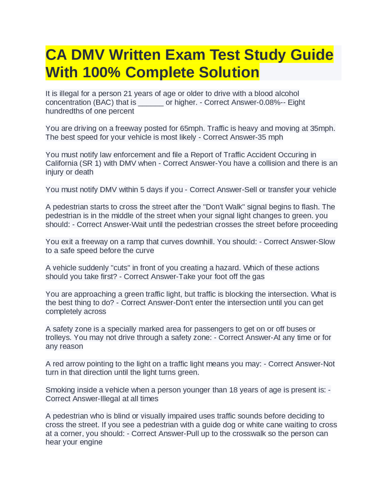 CA DMV Written Exam Test Study Guide With 100% Complete Solution ...