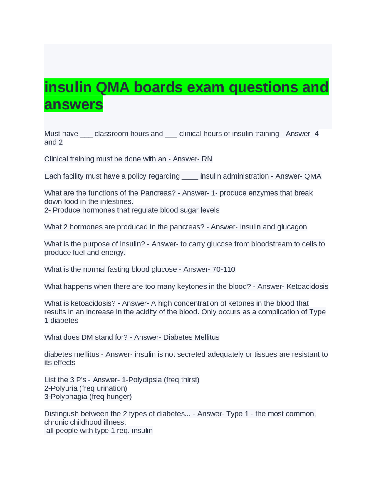 Insulin QMA Boards Exam: Questions and Answers | Exams Advanced ...