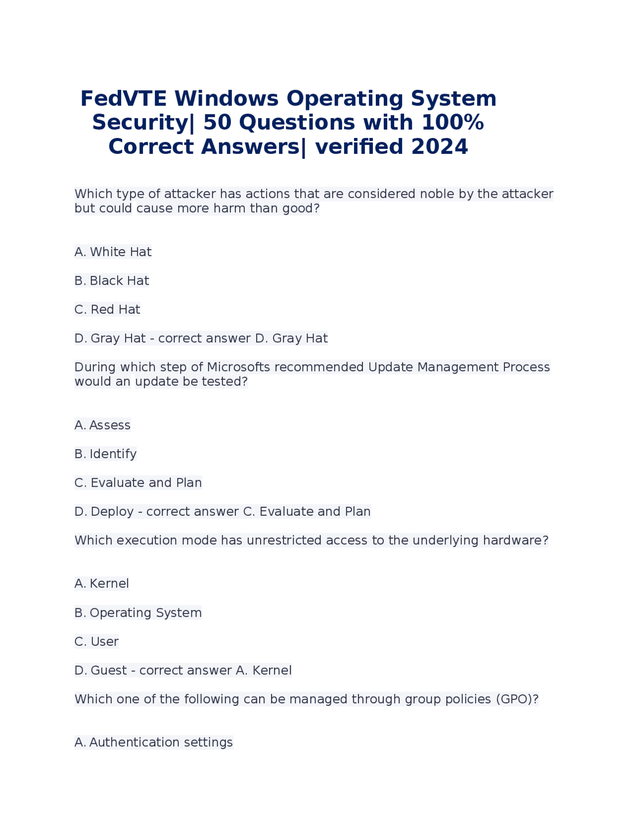 Fedvte Windows Operating System Security 50 Questions With 100 Correct Answers 2024 Exams