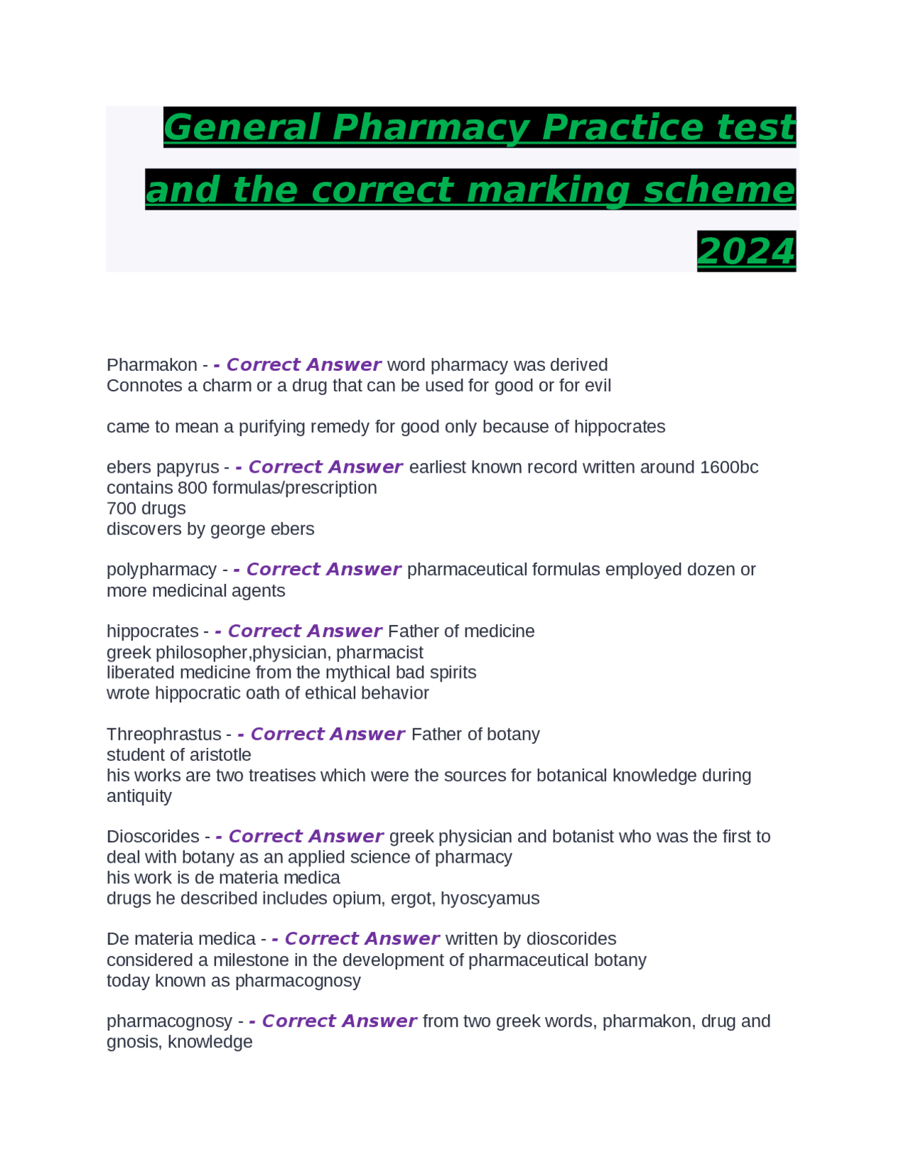 General Pharmacy Practice test and the correct marking scheme 2024 ...