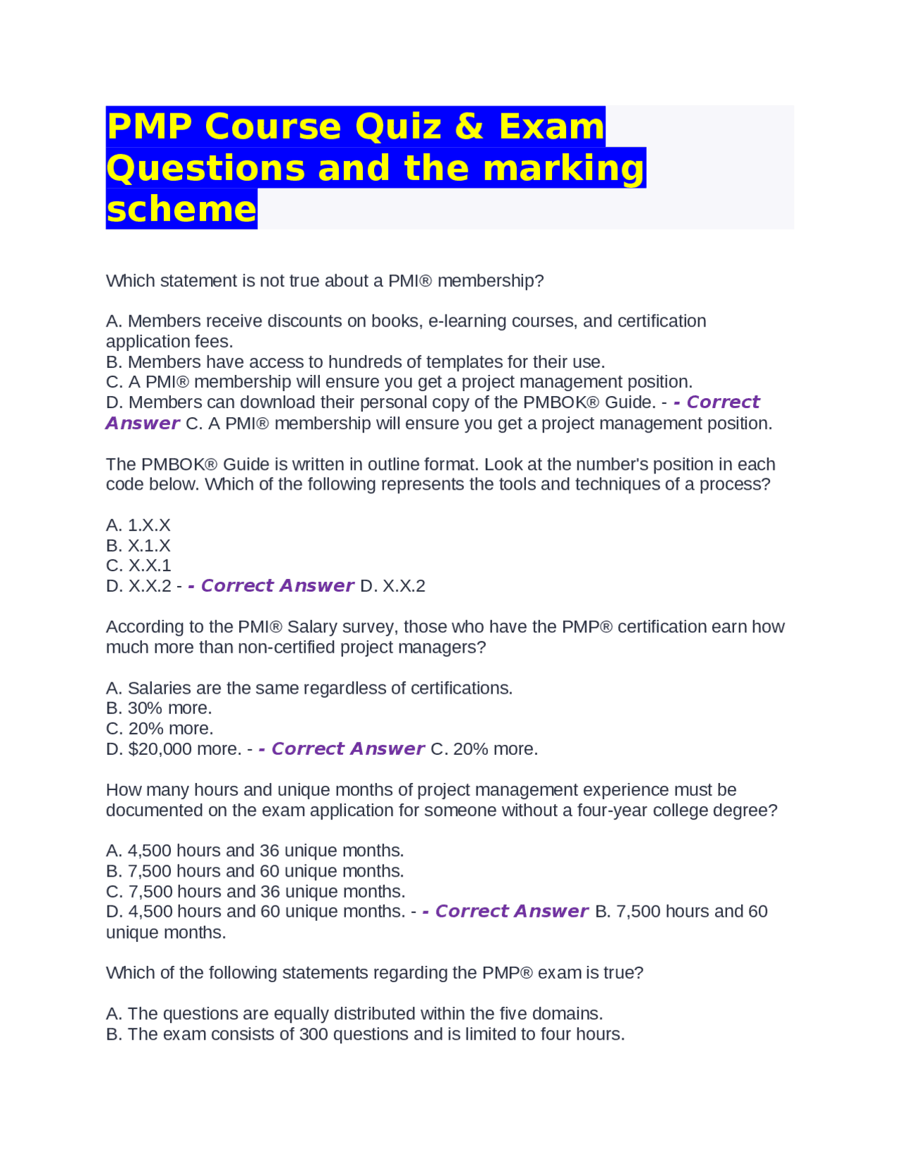PMP Course Quiz & Exam Questions and the marking scheme | Exams Project Management | Docsity