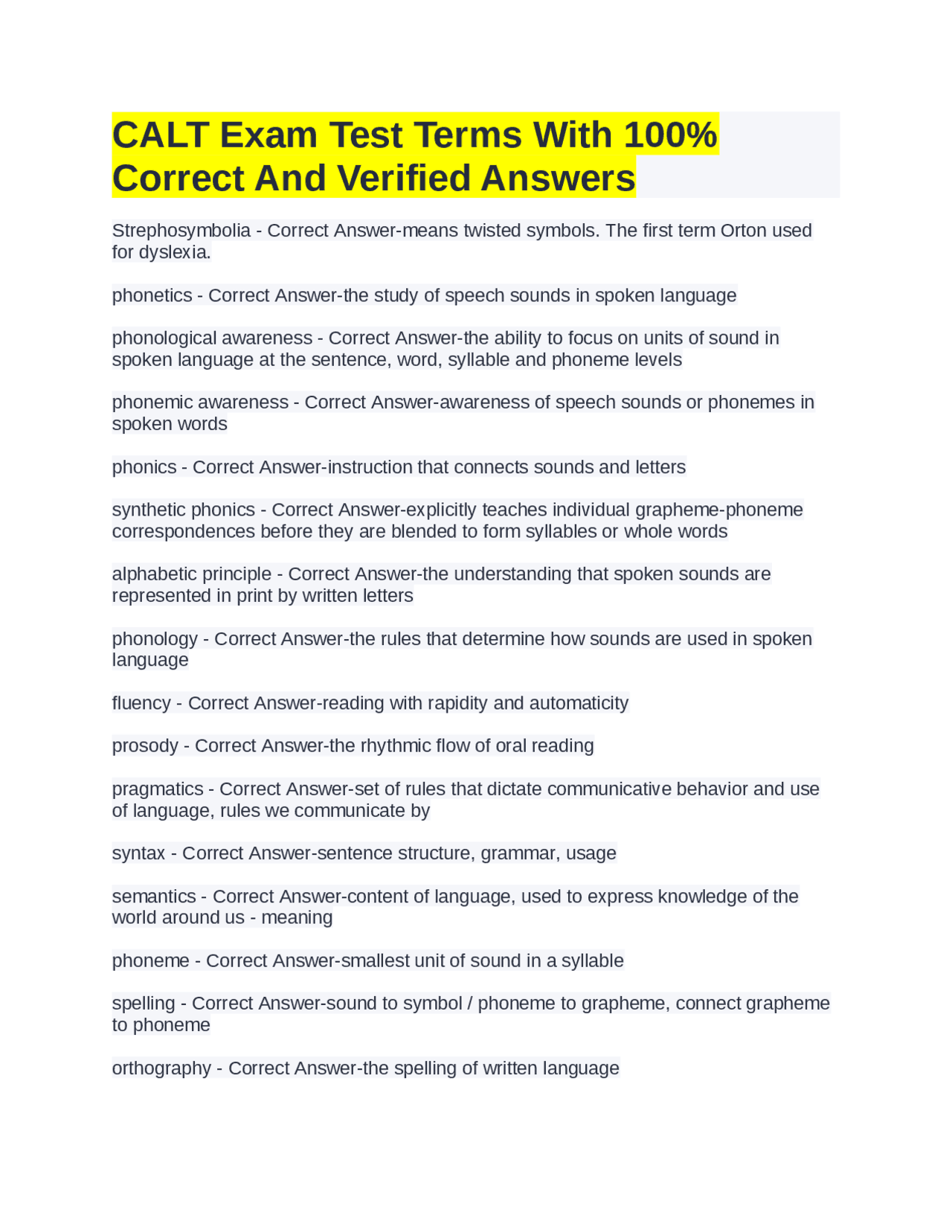 CALT Exam Test Terms With 100% Correct And Verified Answers | Exams ...