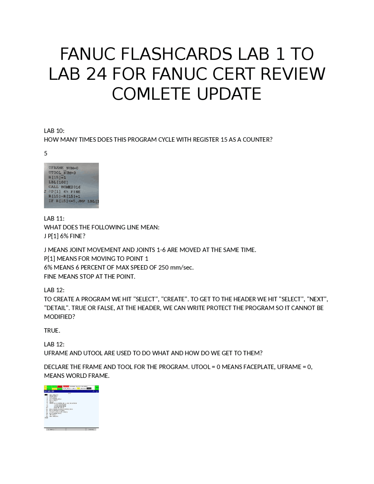 FANUC FLASHCARDS LAB 1 TO LAB 24 FOR FANUC CERT REVIEW COMLETE UPDATE ...