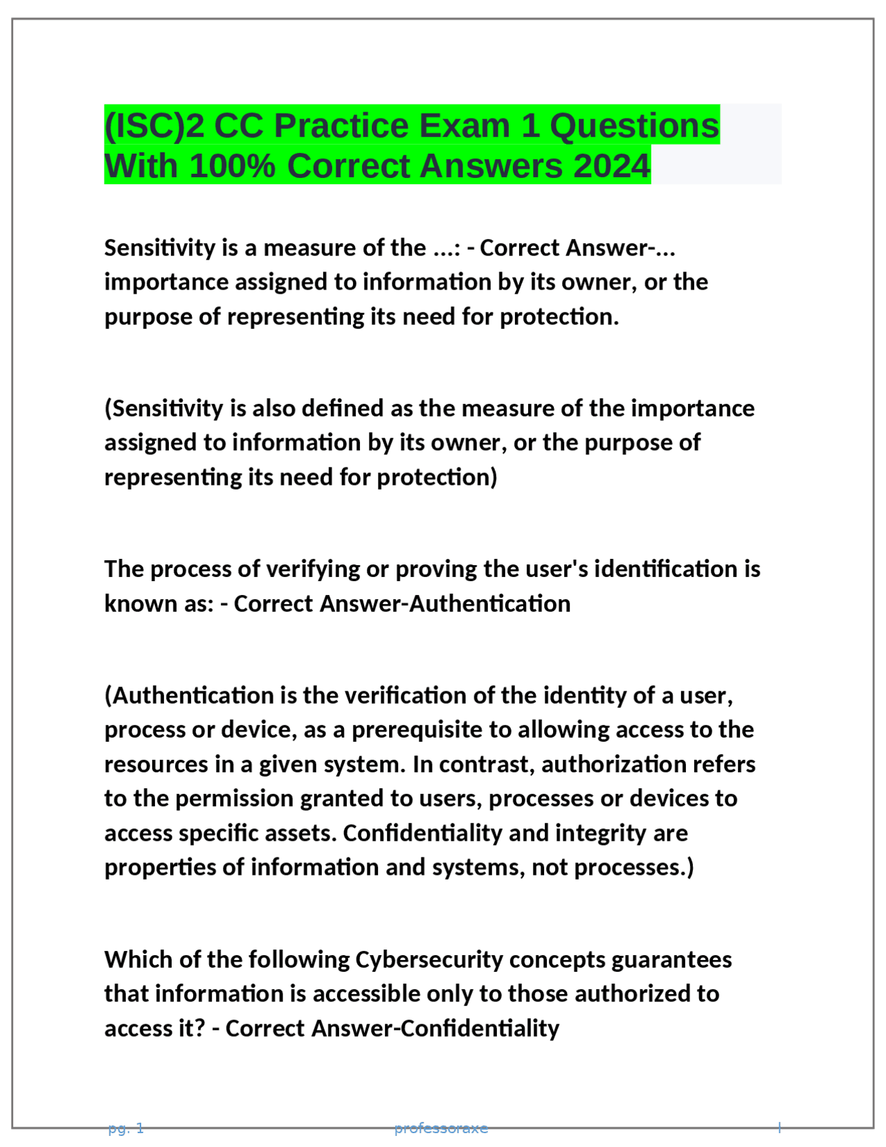 (ISC)2 CC Practice Exam 1 Questions With 100% Correct Answers 2024 ...