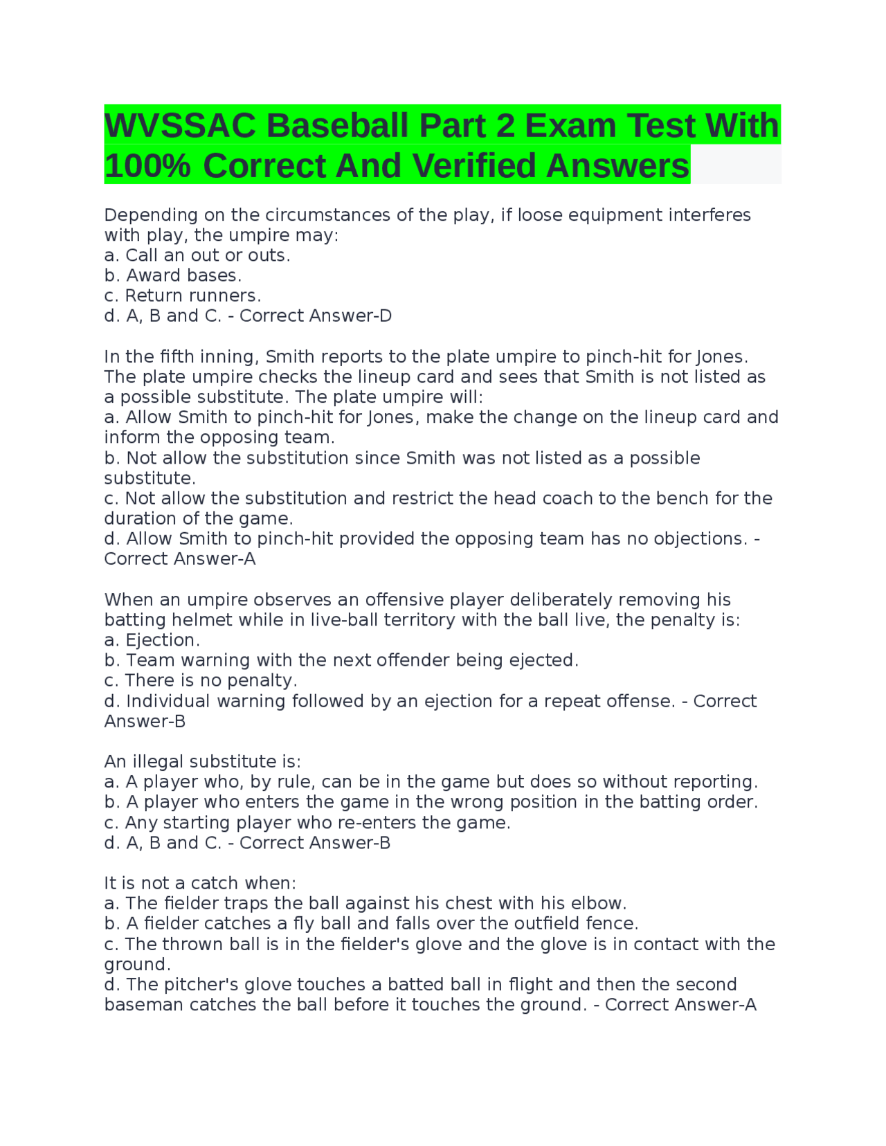 WVSSAC Baseball Part 2 Exam Test With 100% Correct And Verified Answers ...