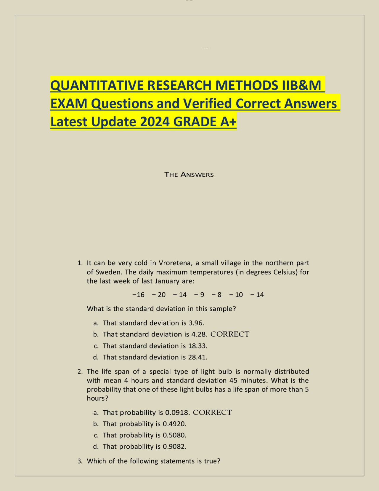 QUANTITATIVE RESEARCH METHODS IIB&M EXAM Questions and Verified Correct ...