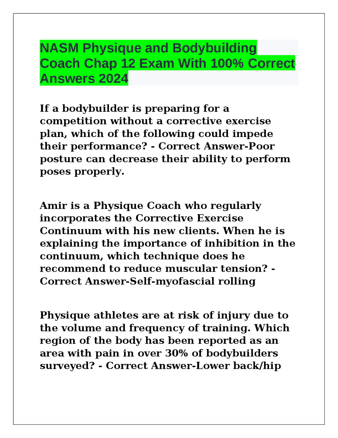 NASM Physique and Bodybuilding Coach Chap 12 Exam With 100% Correct Answers 2024 | Exams ...