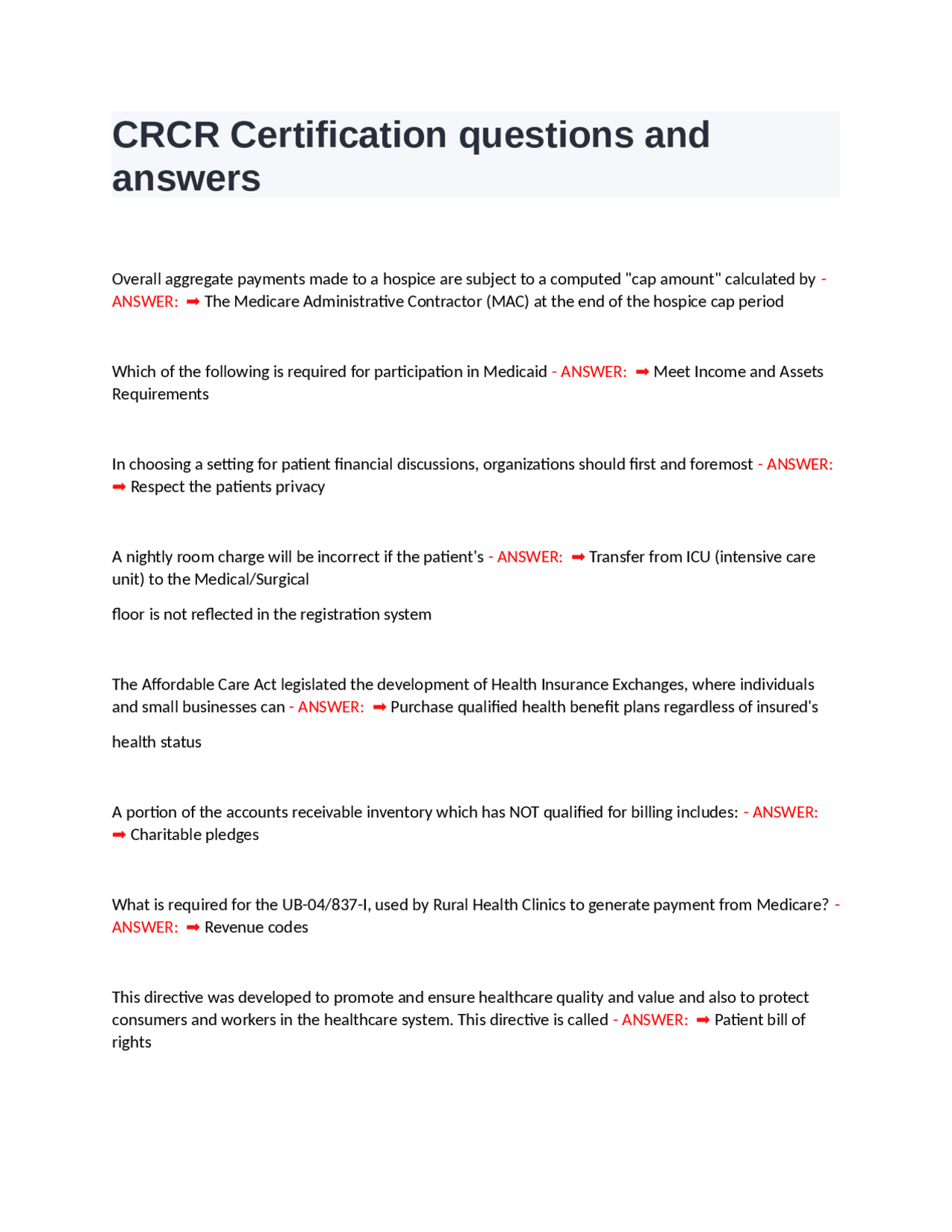 CRCR Certification questions and answers | Exams Nursing | Docsity