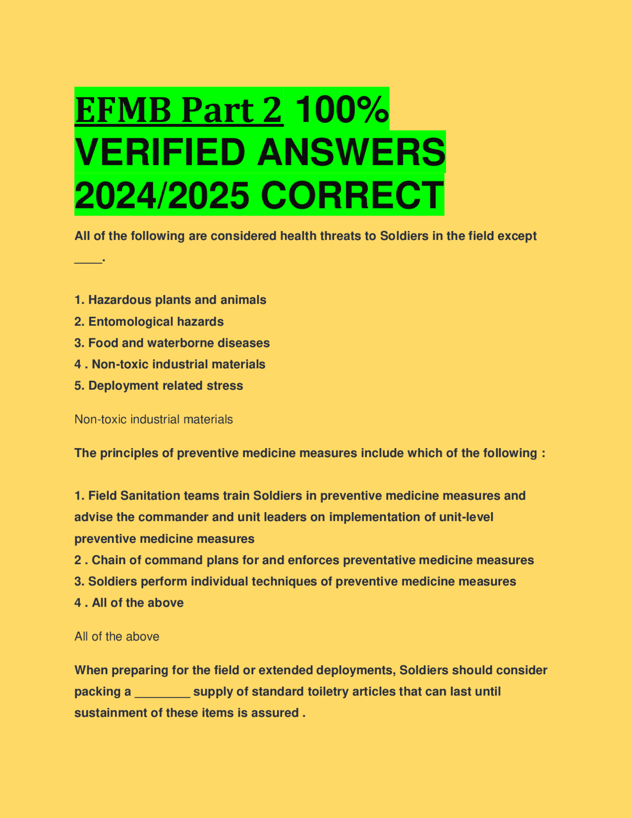 EFMB Part 2 100% VERIFIED ANSWERS 2024/2025 CORRECT | Exams Nursing ...