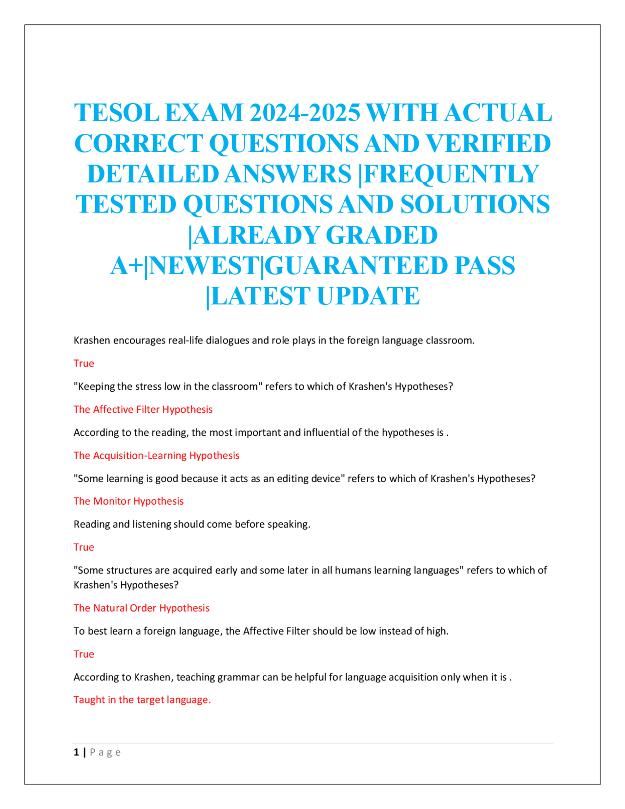 TESOL EXAM 2024-2025 | Exams Nursing | Docsity