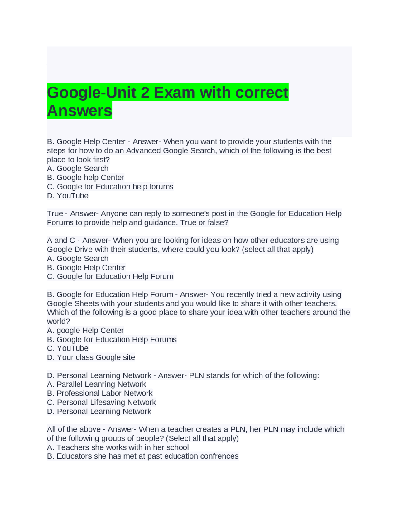 Google-Unit 2 Exam with correct Answers | Exams Advanced Education ...