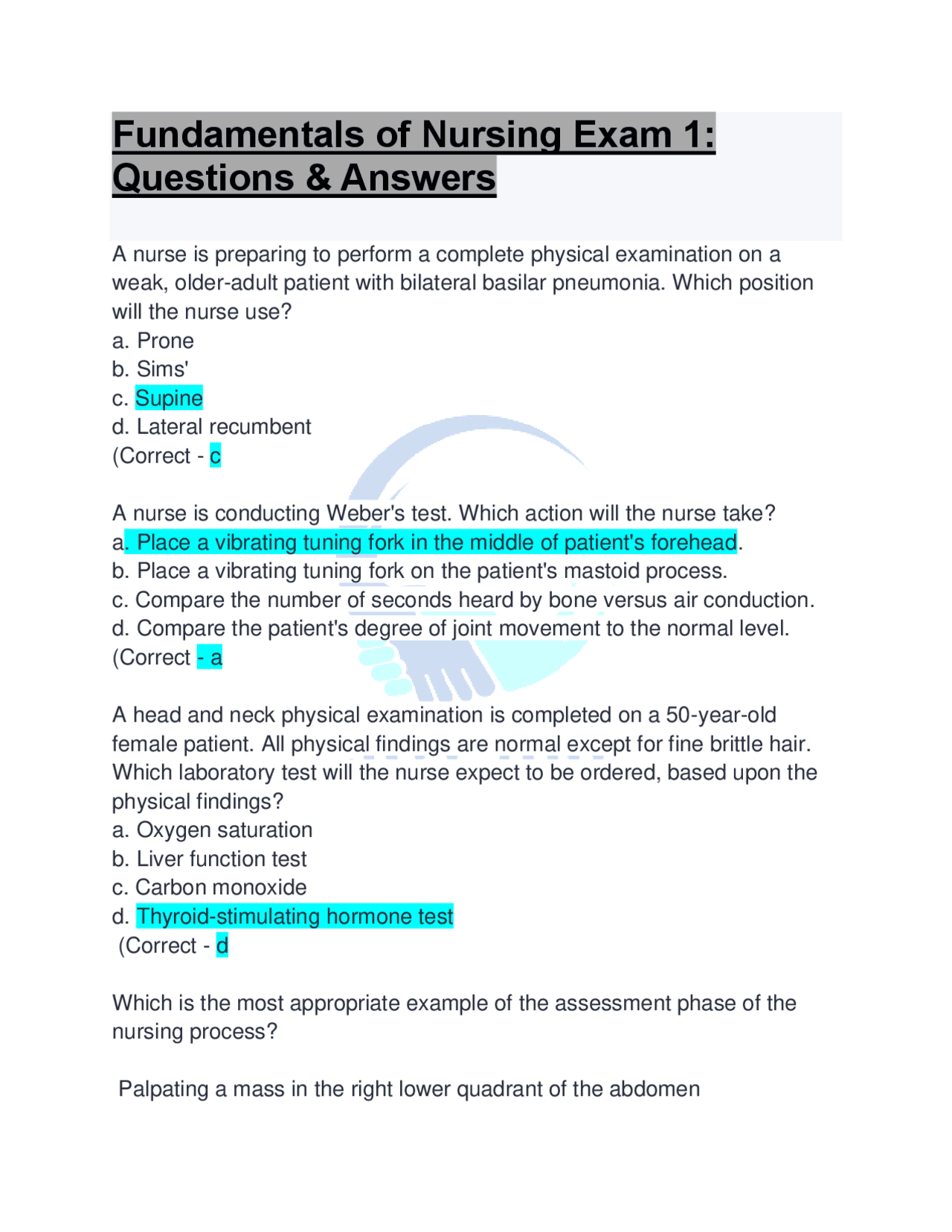 Fundamentals of Nursing Exam 1: Questions & Answers: Latest Updated A+ ...