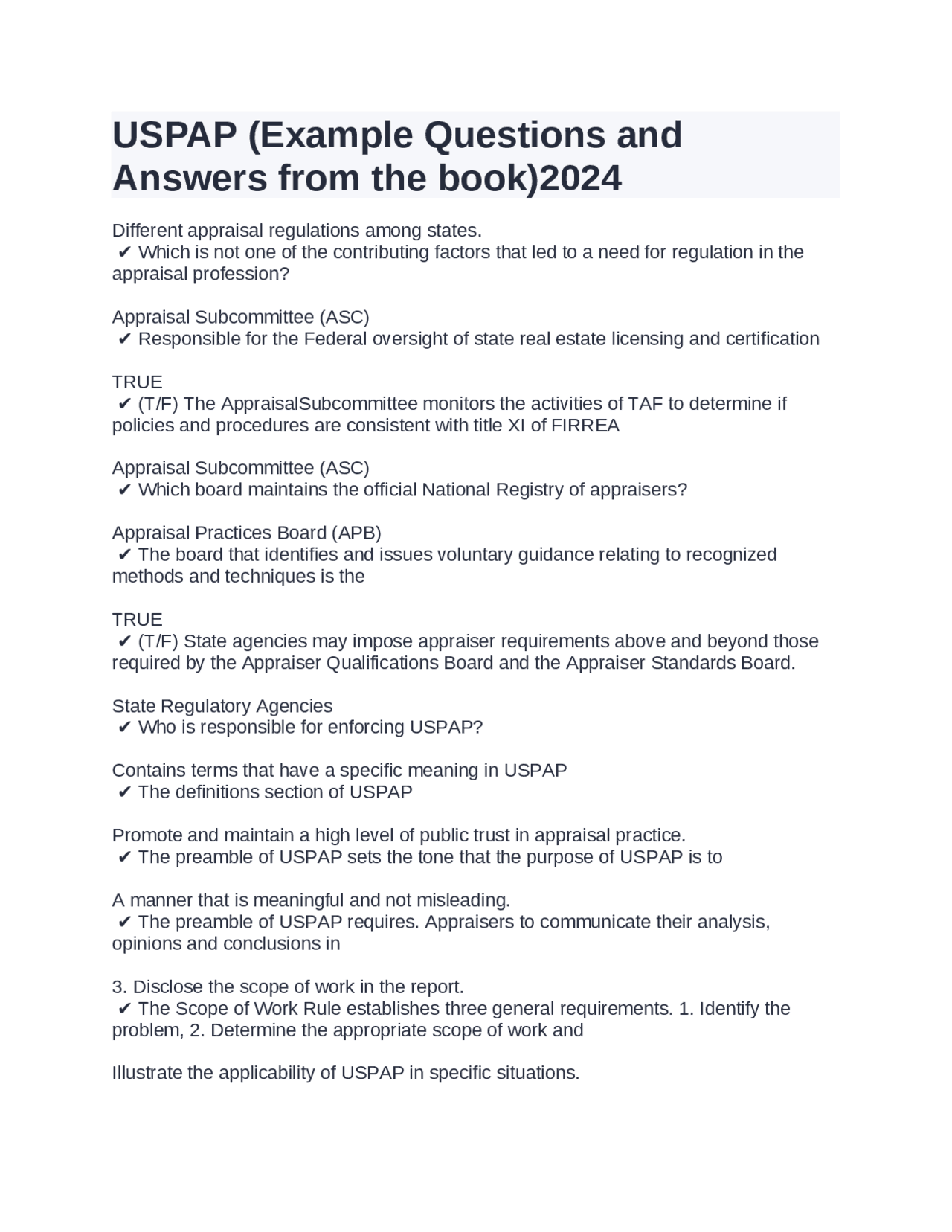 USPAP (Example Questions and Answers from the book)2024 | Exams Law ...