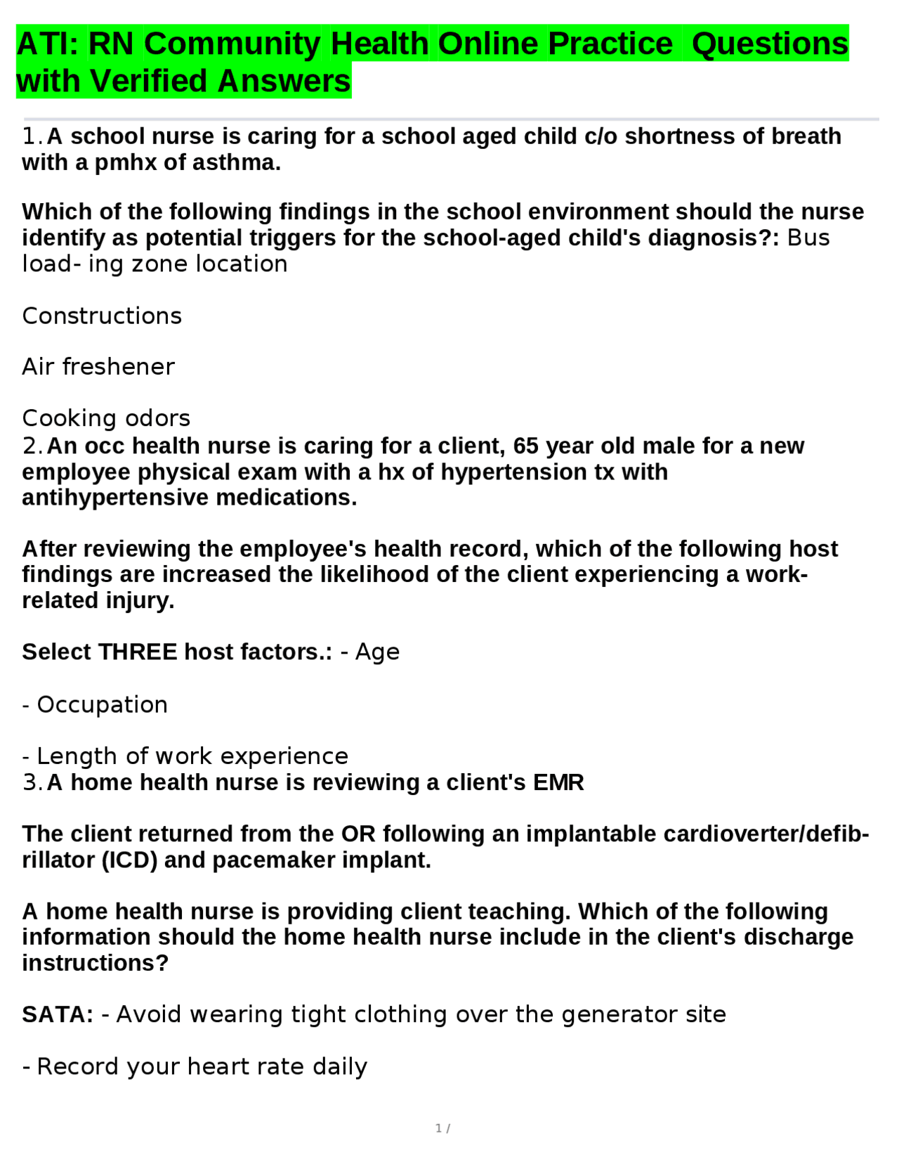 ATI: RN Community Health Online Practice Questions with Verified ...