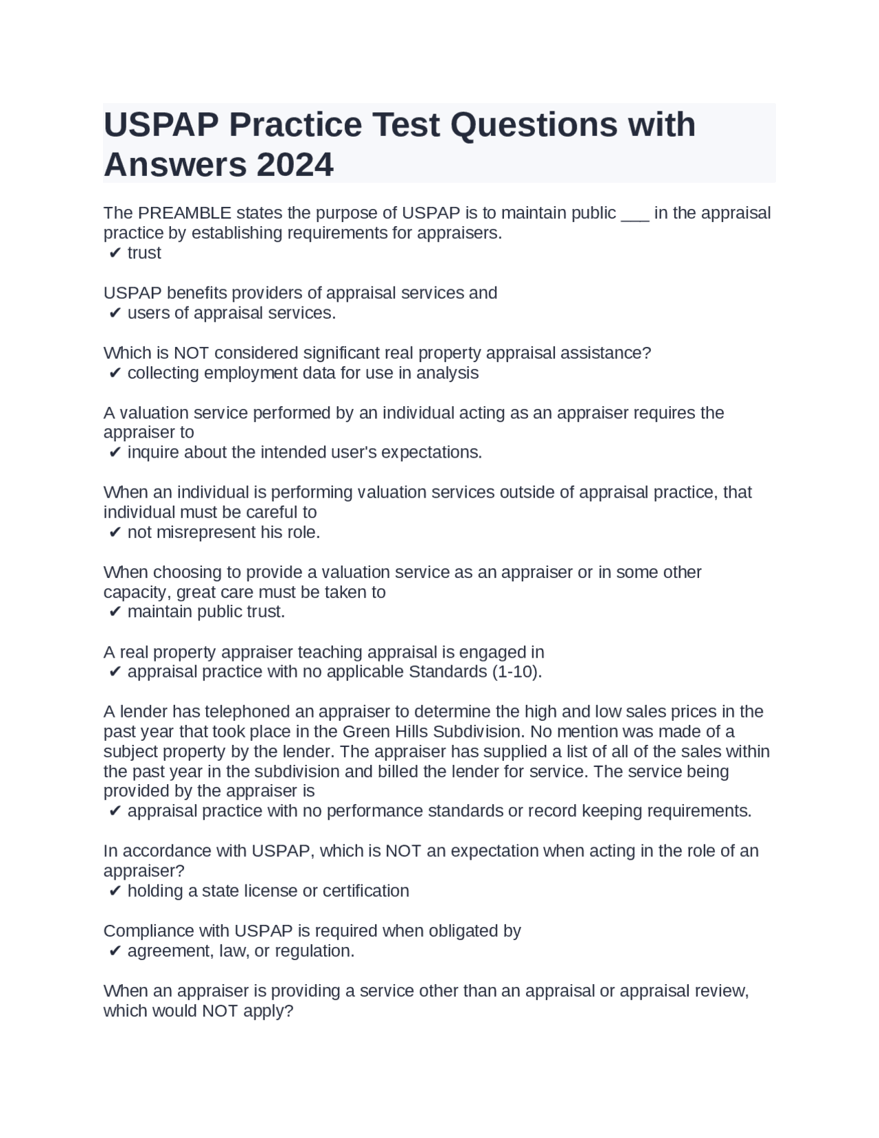 USPAP Practice Test Questions with Answers 2024 | Exams Law | Docsity