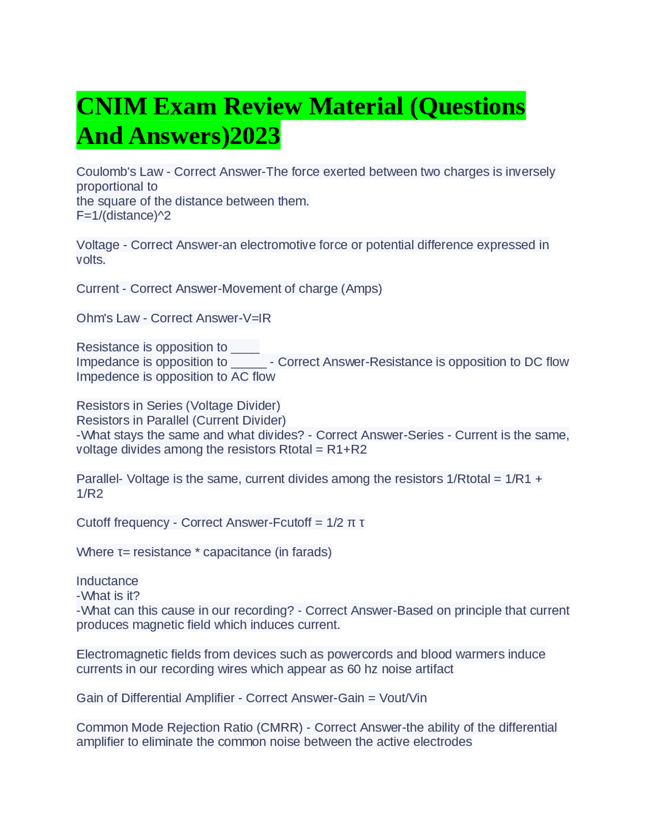 CNIM Exam Review Material (Questions And Answers)2023 | Exams Advanced ...